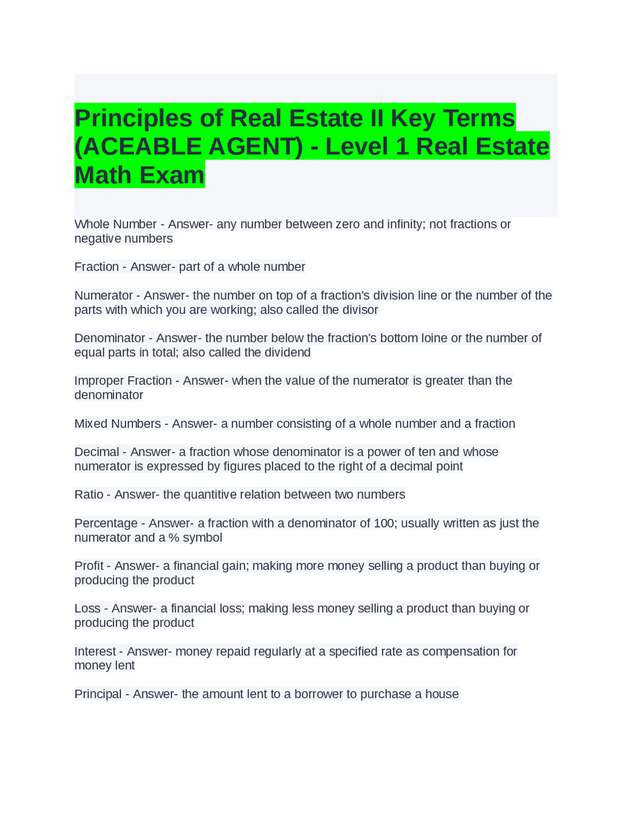 Principles of Real Estate II Key Terms (ACEABLE AGENT) - Level 1 Real ...