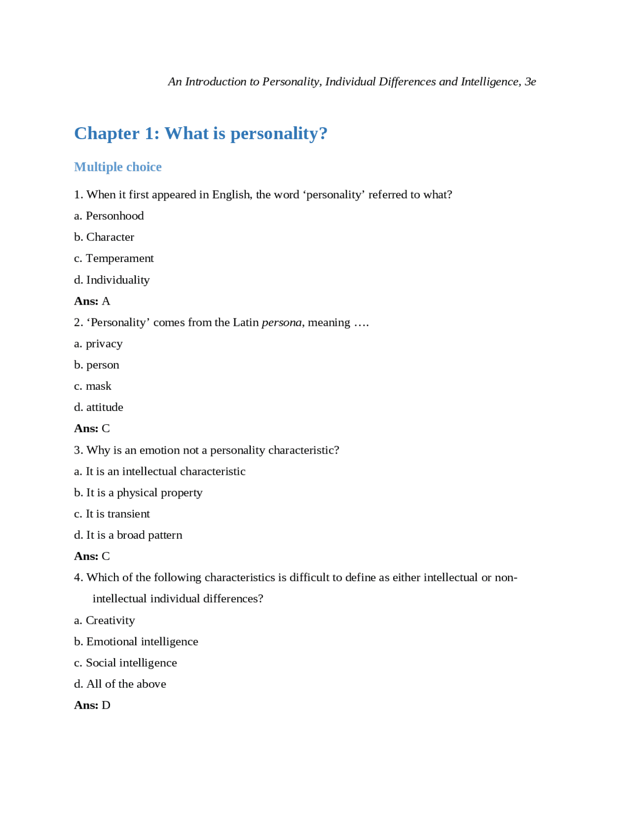 Test Bank Introduction to Personality, Individual Differences and ...