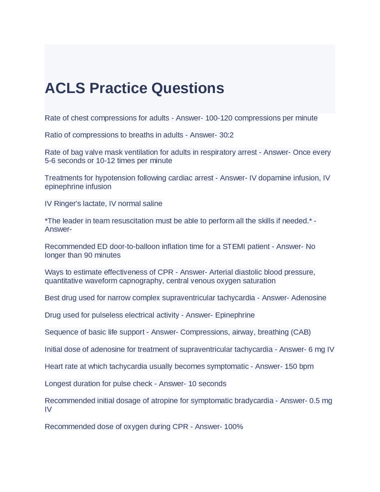 ACLS Practice Questions and And Answers | Exams Nursing | Docsity
