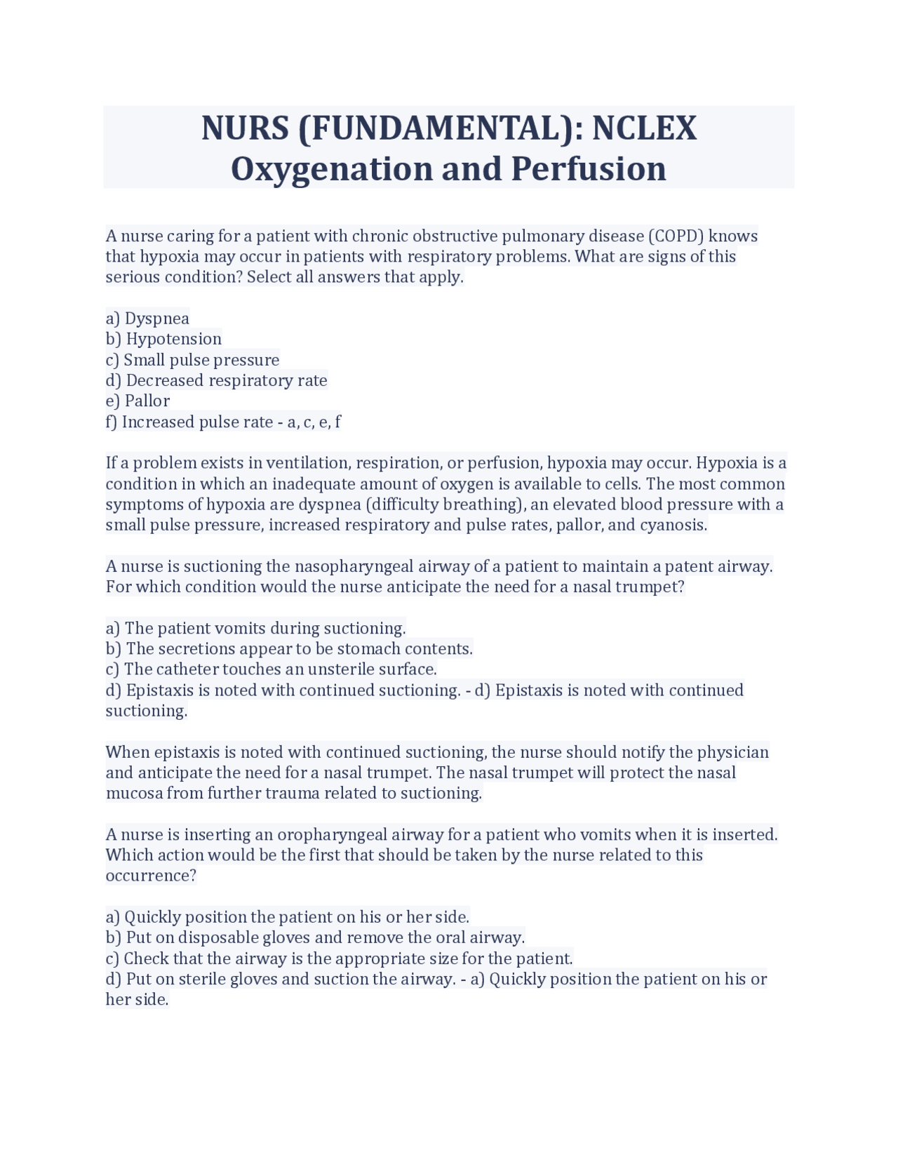 NURS (FUNDAMENTAL) NCLEX Oxygenation and Perfusion | Exams Nursing ...