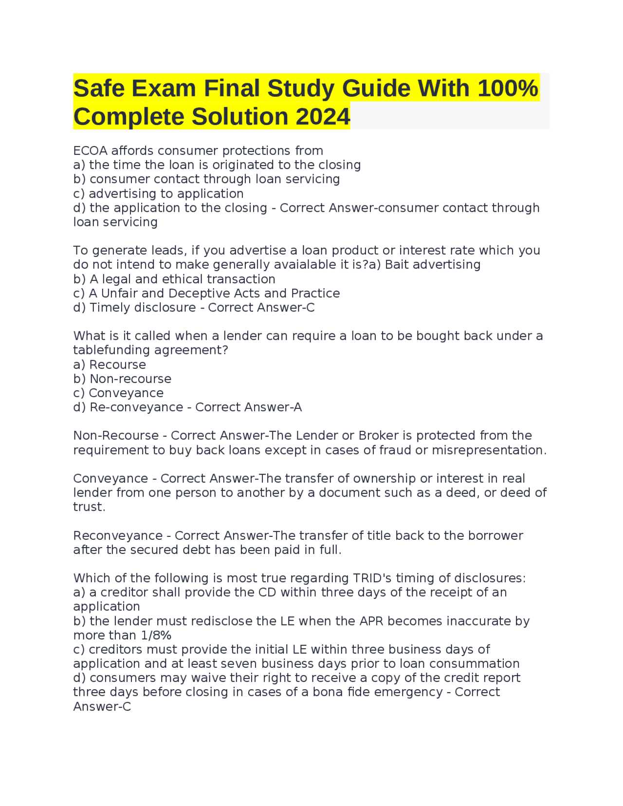 Safe Exam Final Study Guide With 100% Complete Solution 2024 | Exams ...