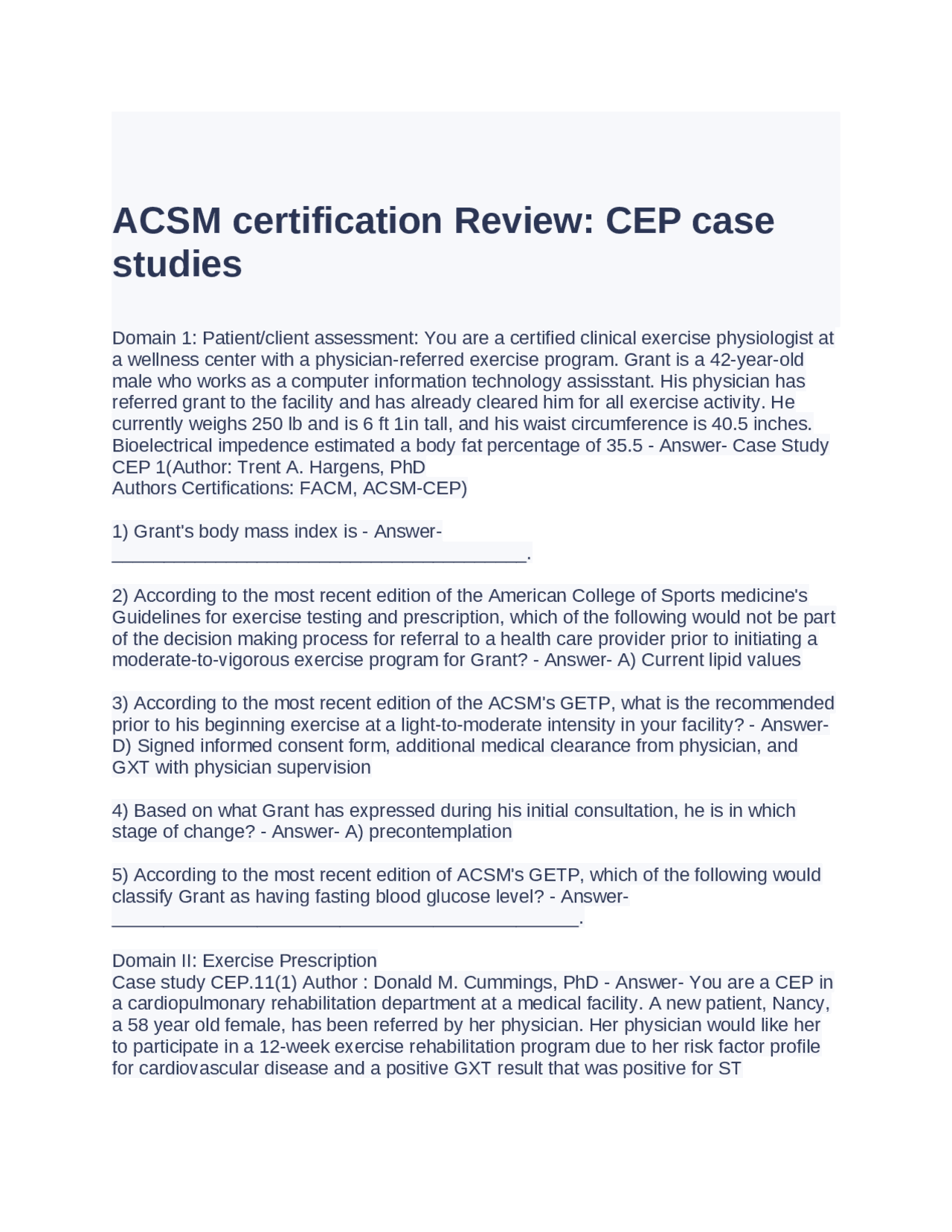 ACSM certification Review CEP case studies | Exams Nursing | Docsity