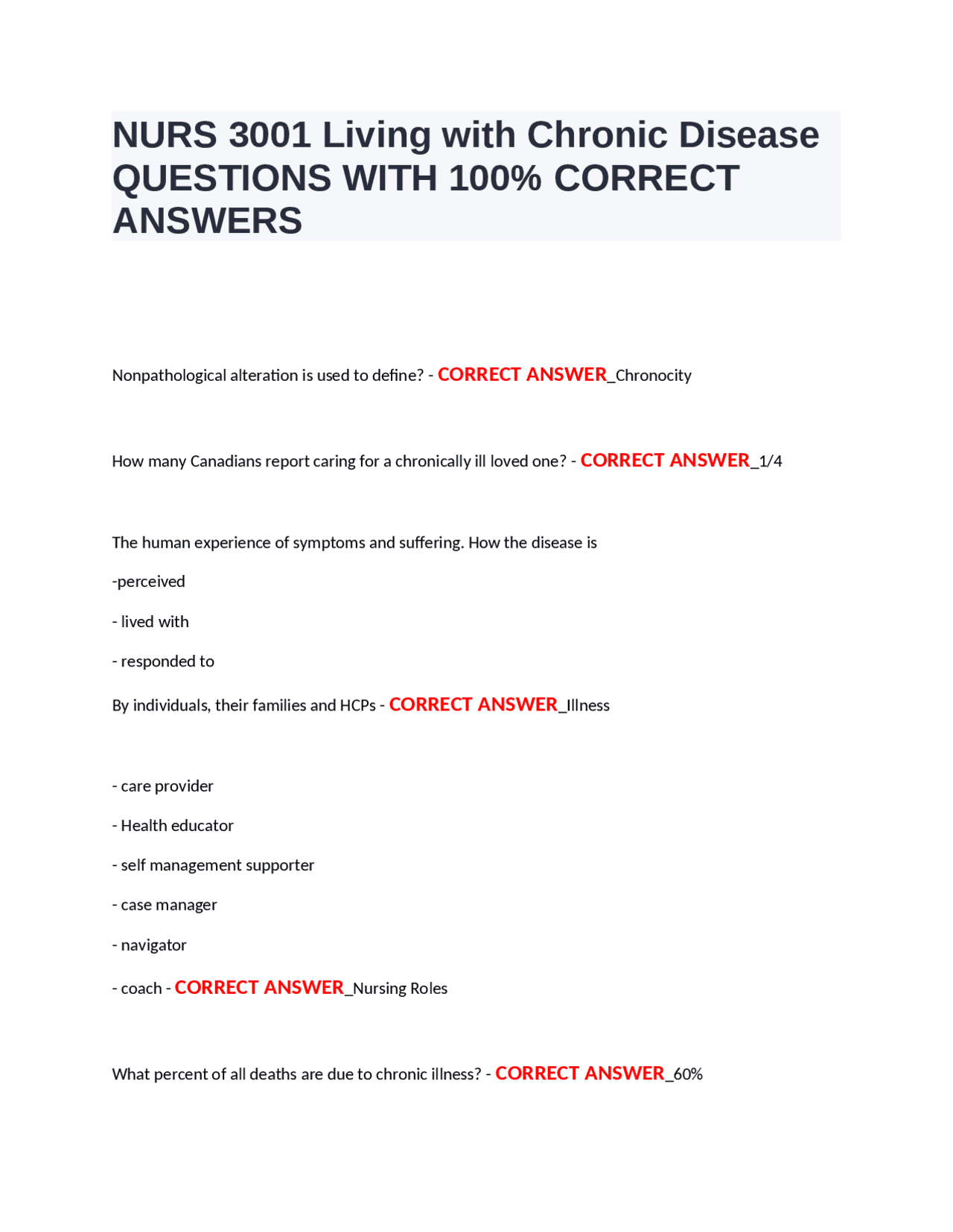 NURS 3001 Living with Chronic Disease QUESTIONS WITH 100% CORRECT ...