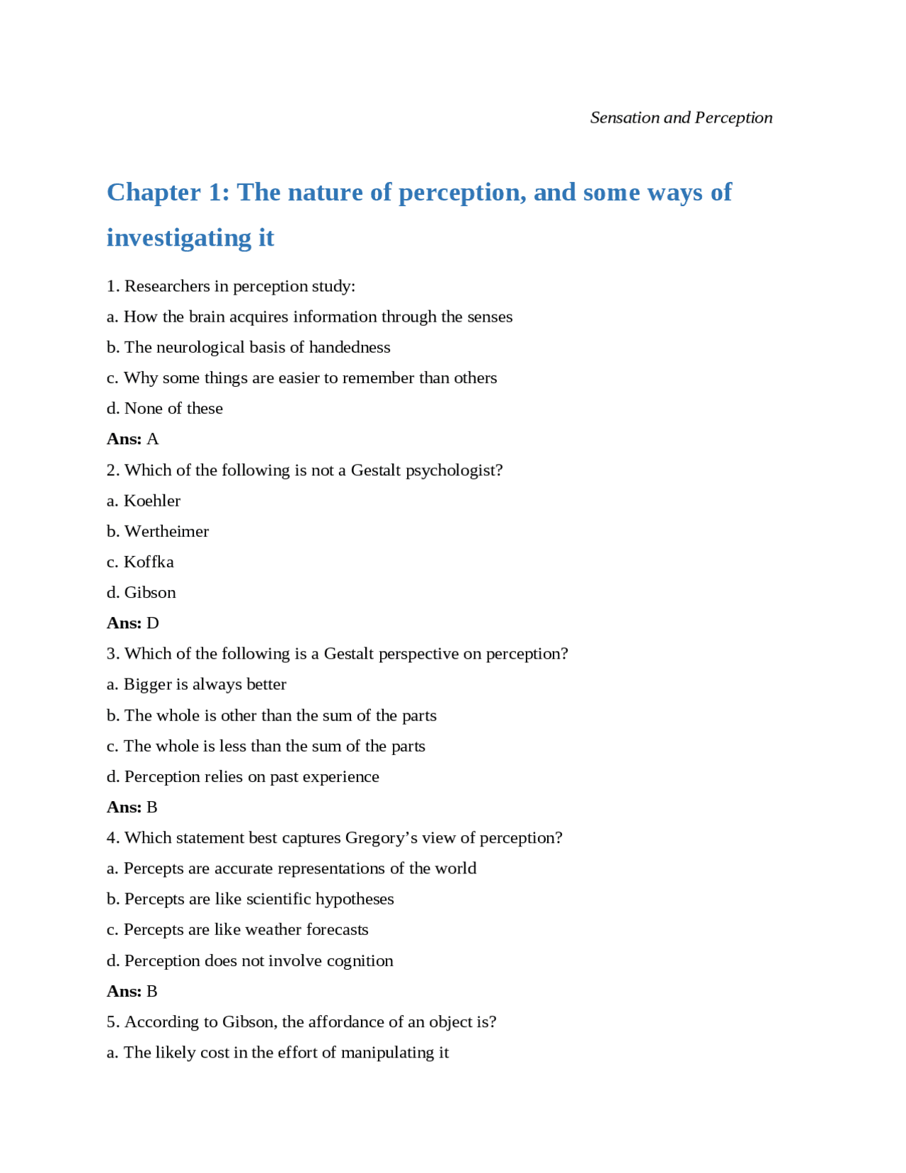 Test Bank Sensation and Perception 2nd Edition | Exams Marketing | Docsity