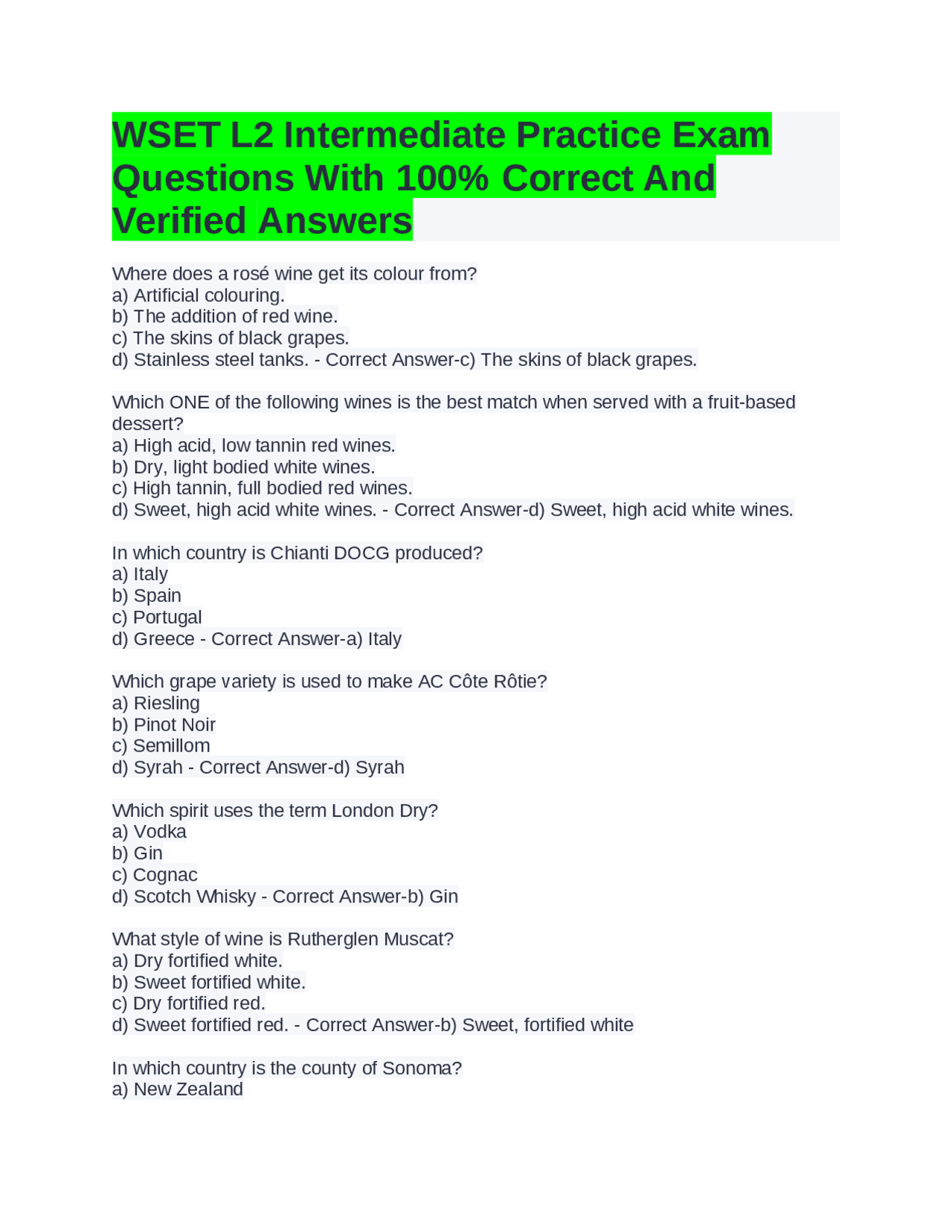 WSET L2 Intermediate Practice Exam Questions With 100% Correct And ...