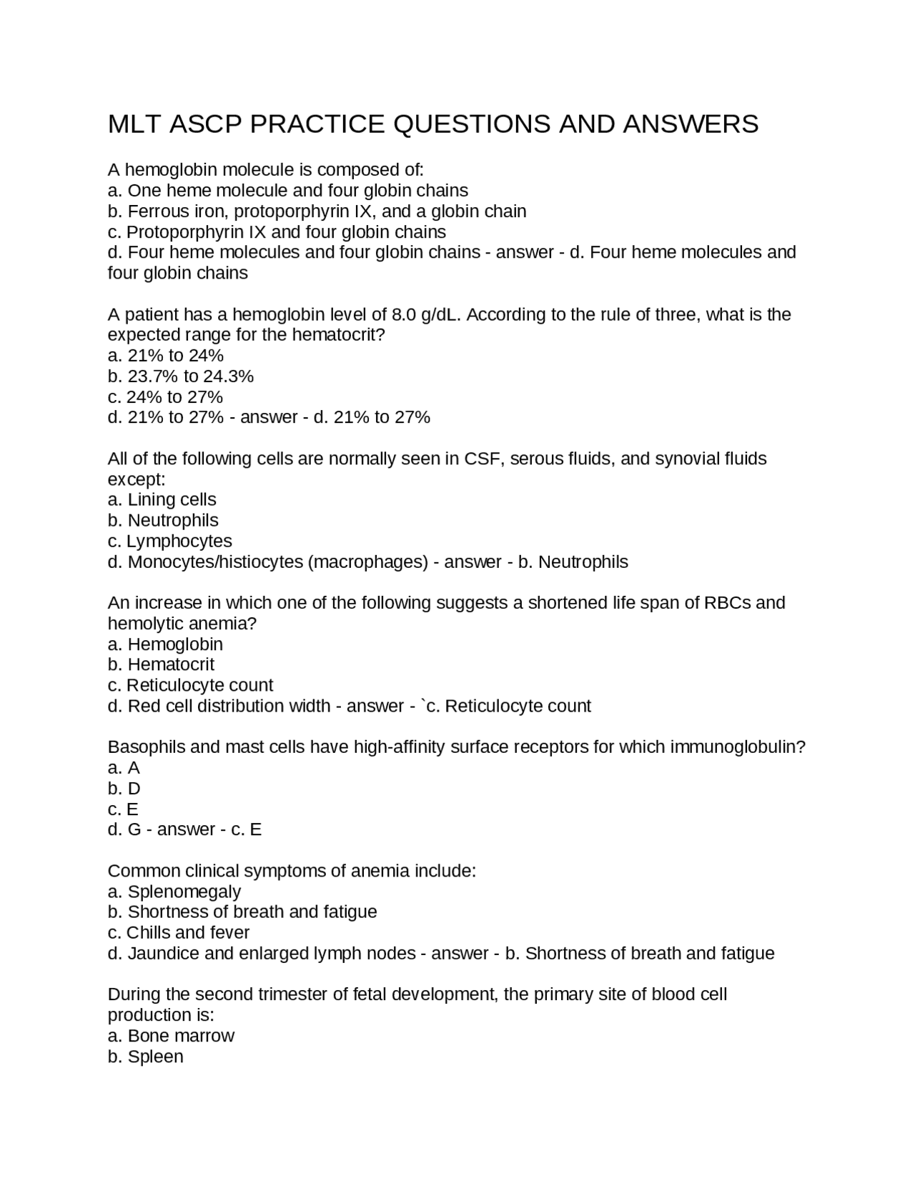 MLT ASCP Practice Questions | Exams Nursing | Docsity