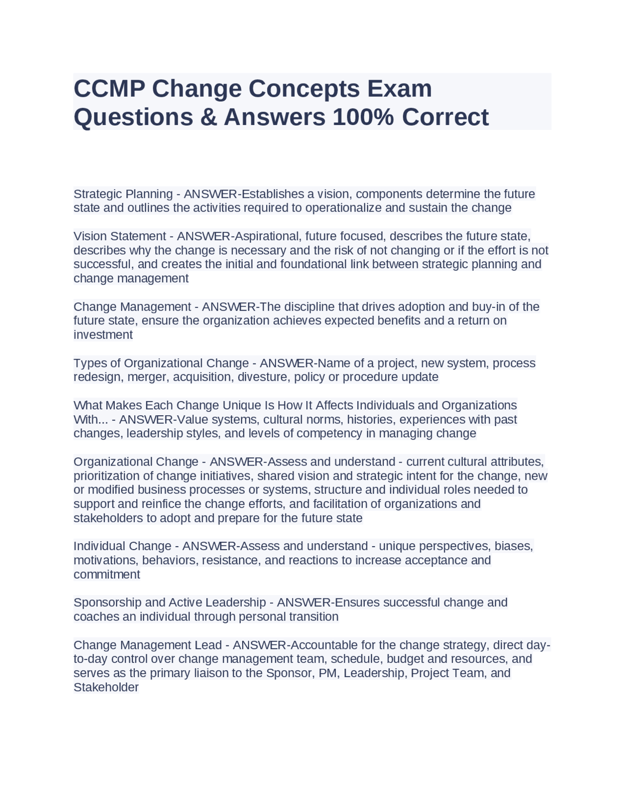 CCMP Change Concepts Exam Questions & Answers 100% Correct | Exams ...