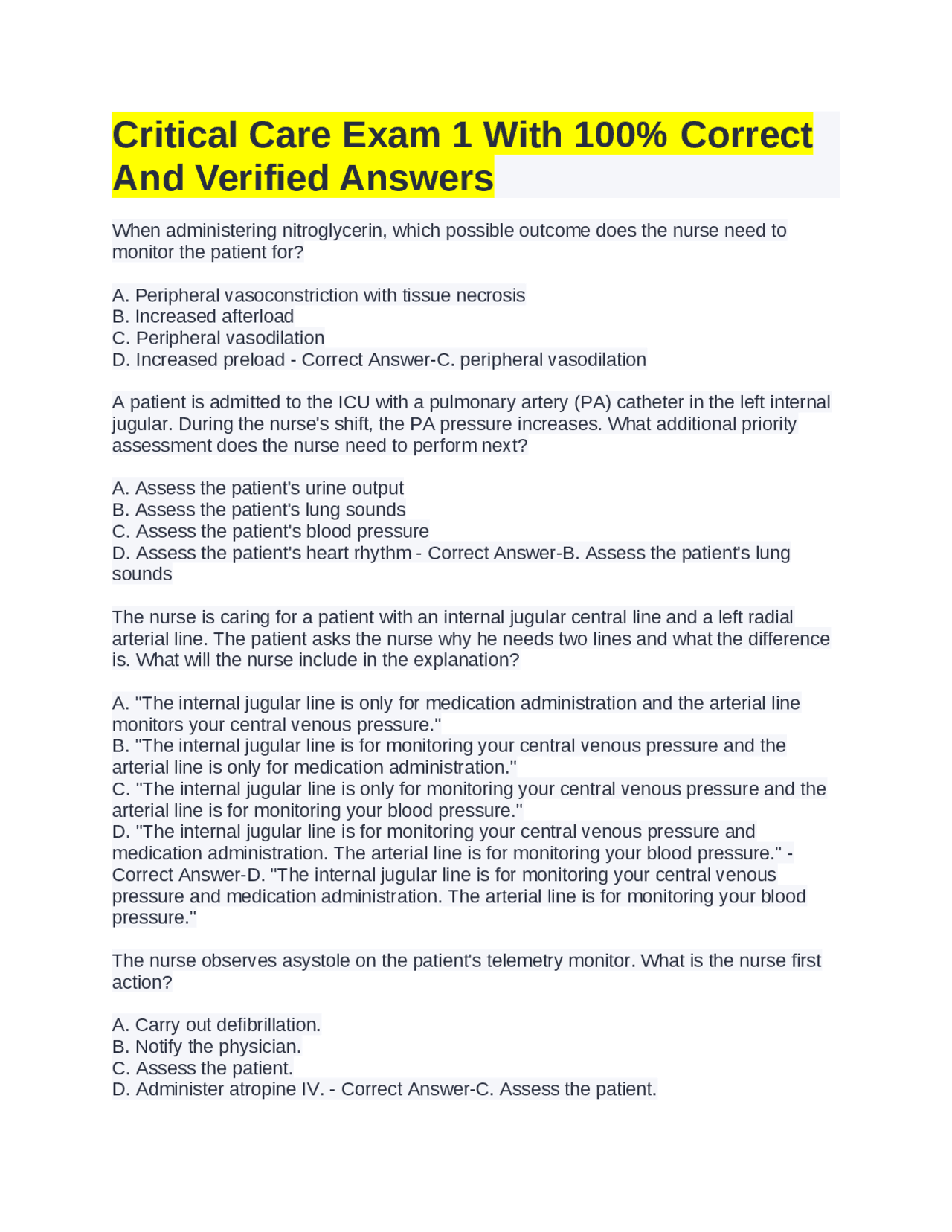 Critical Care Exam 1 With 100% Correct And Verified Answers | Exams ...
