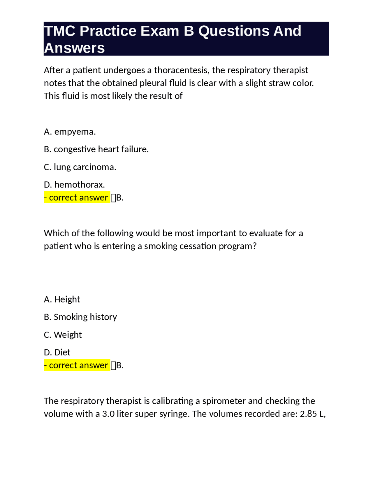 TMC Practice Exam B Questions And Answers | Exams Medicine | Docsity