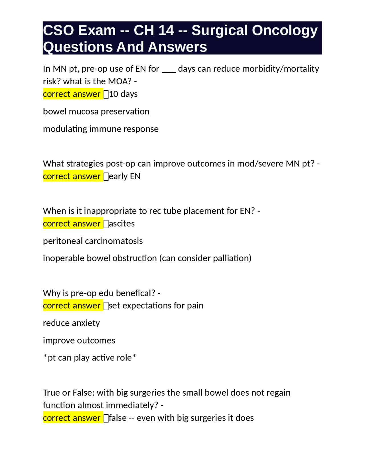 CSO Exam -- CH 14 -- Surgical Oncology Questions And Answers | Exams ...