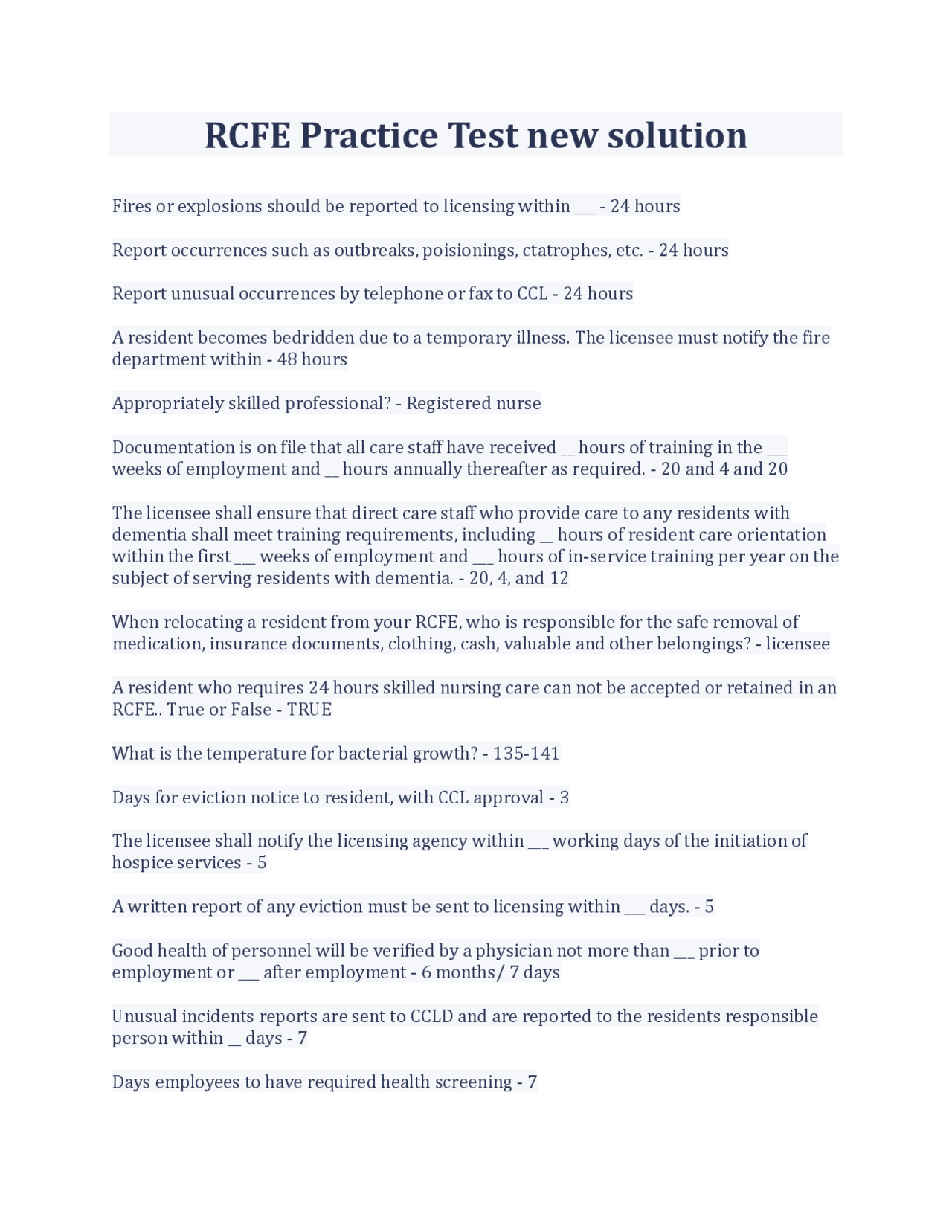 RCFE Practice Test new solution | Exams Nursing | Docsity