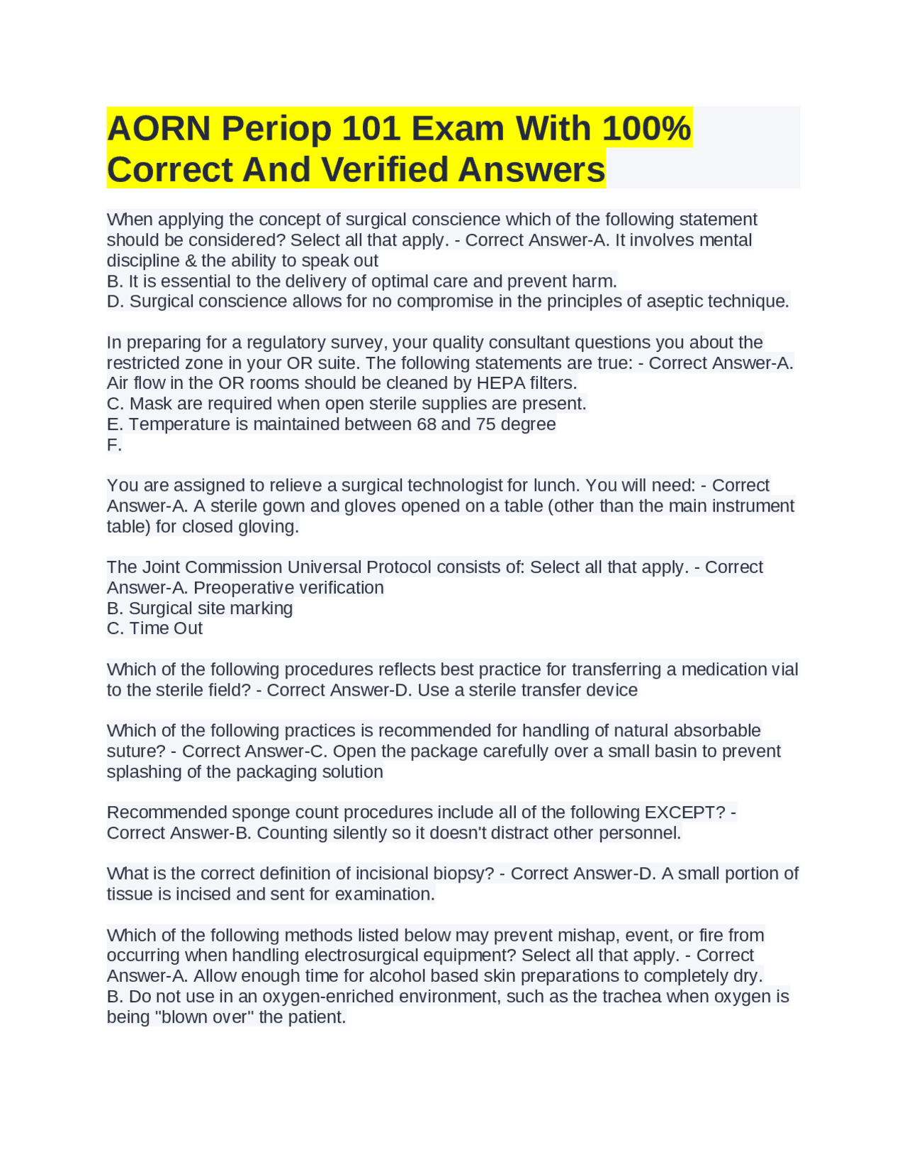 AORN Periop 101 Exam With 100% Correct And Verified Answers | Exams ...