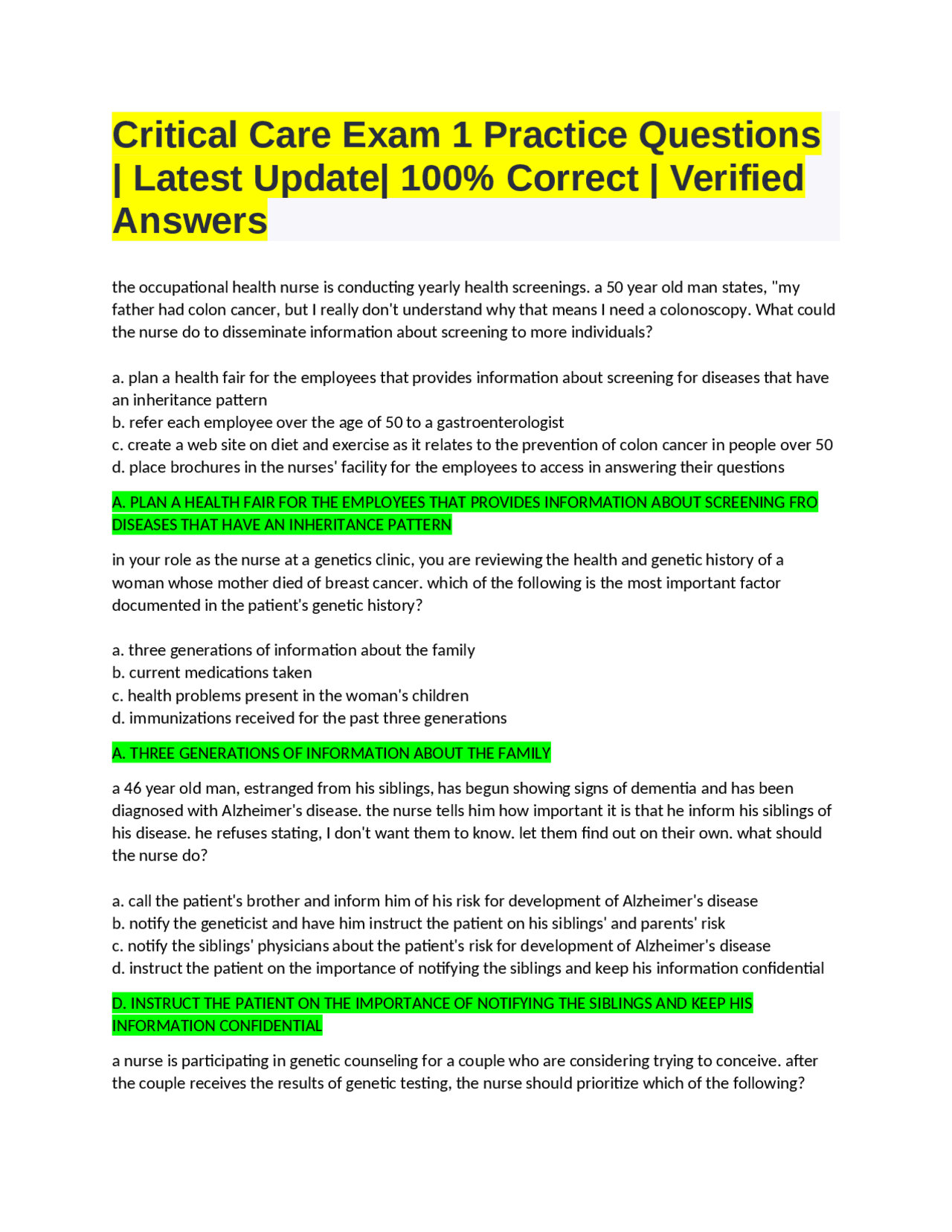 Critical Care Exam 1 Practice Questions | Latest Update| 100% Correct ...