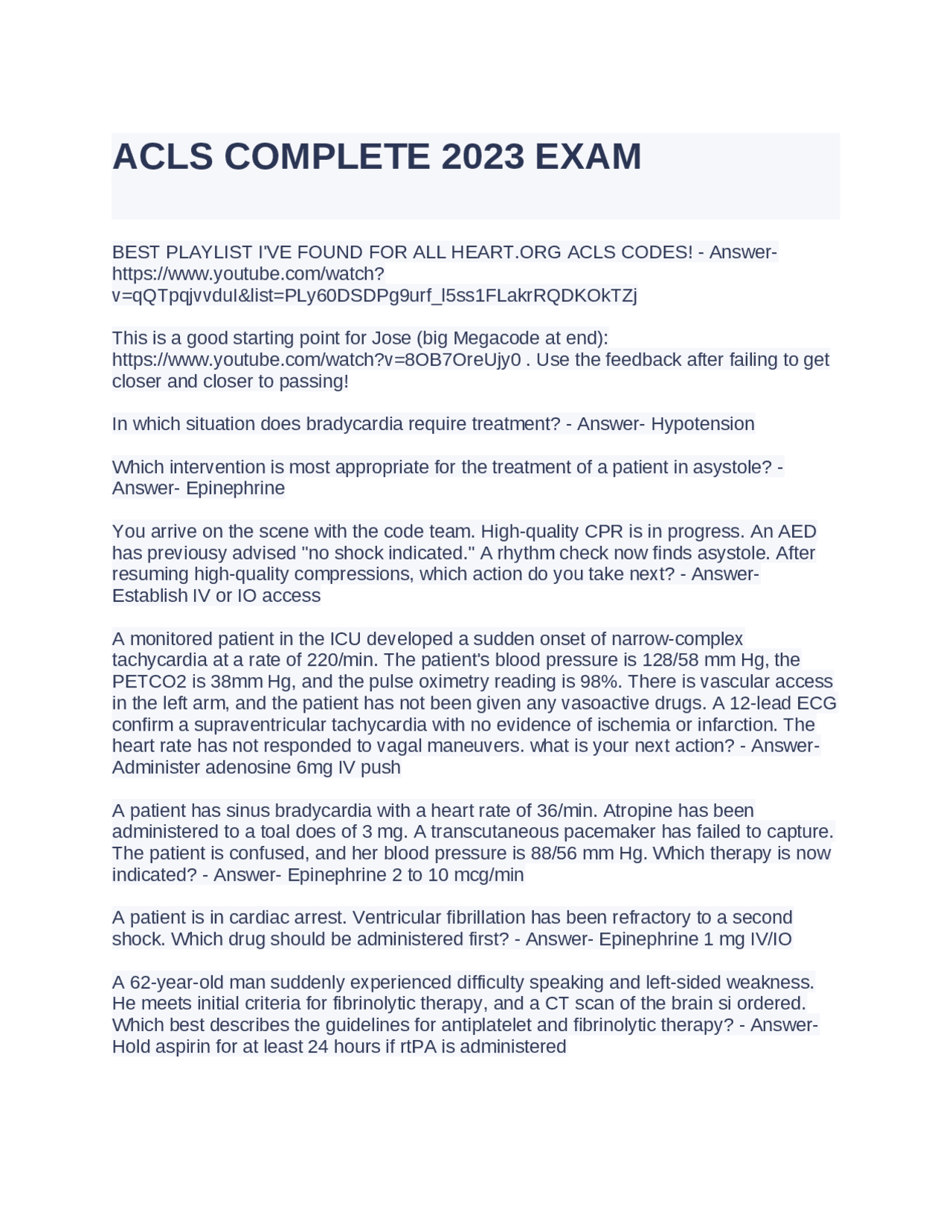 ACLS COMPLETE 2023/ 2024 EXAM QUESTIONS AND ANSWERS | Exams Nursing ...