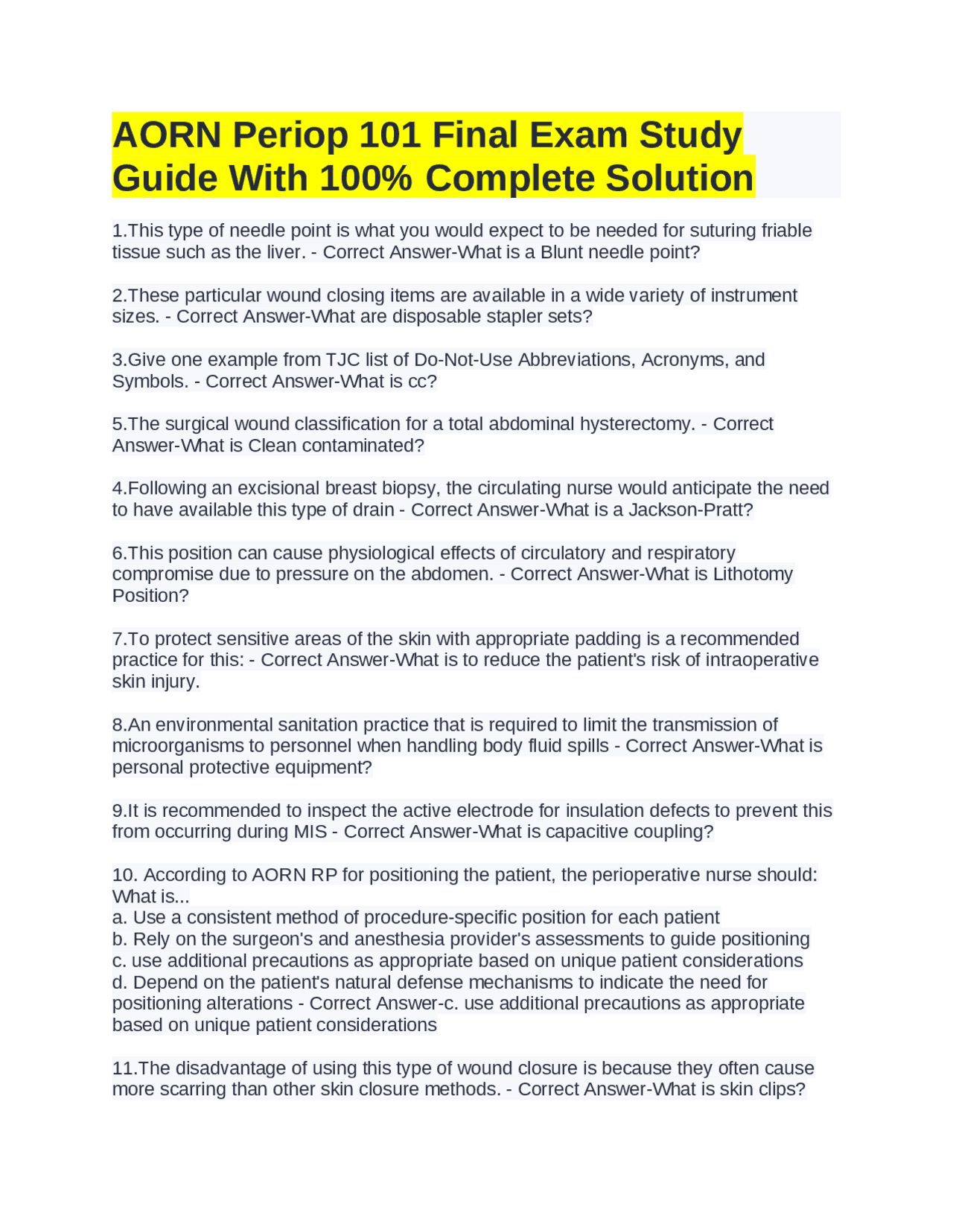 AORN Periop 101 Final Exam Study Guide With 100% Complete Solution ...