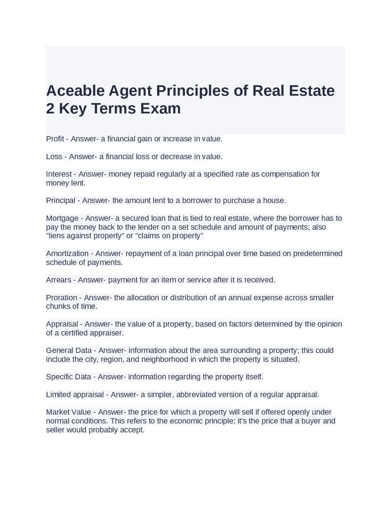 Aceable Agent Principles of Real Estate 2 Key Terms Exam Questions and ...