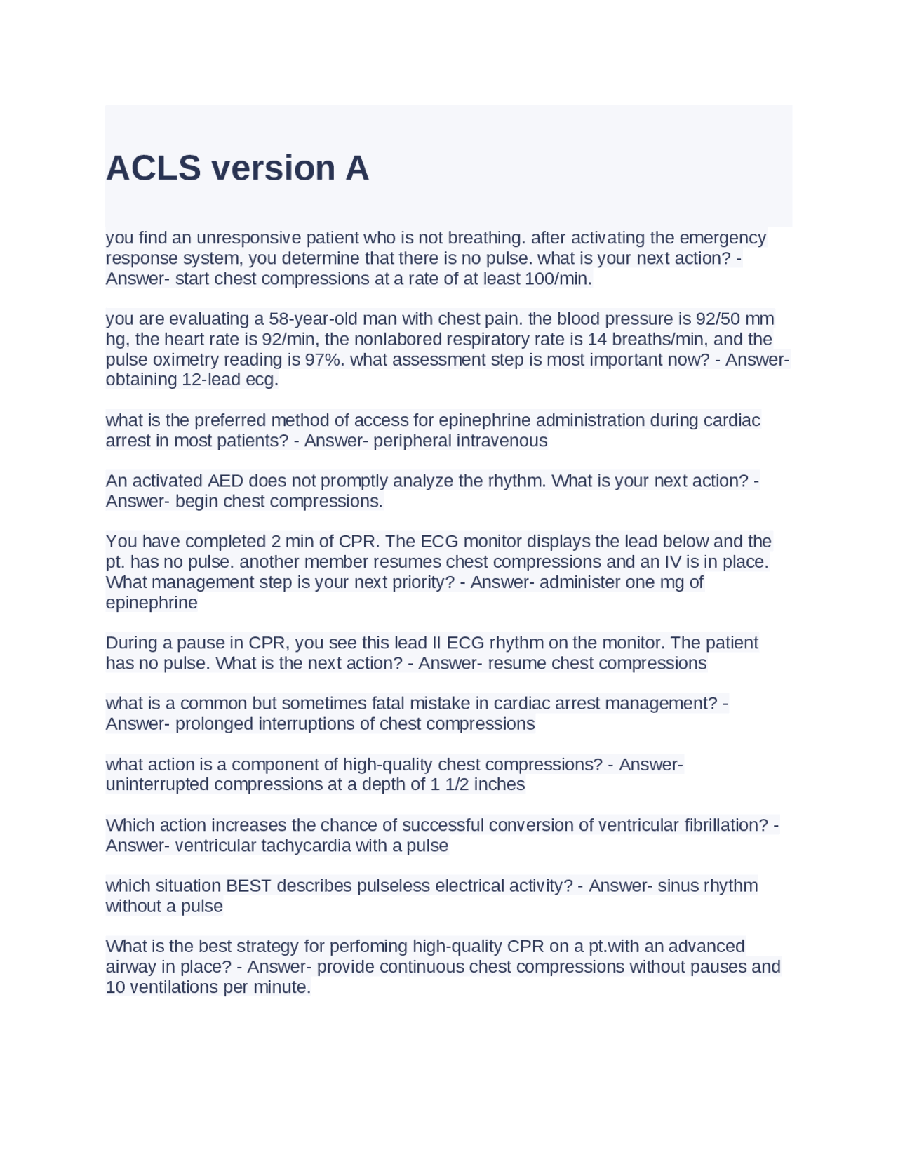 ACLS version A Exam Questions and Answers 2024 | Exams Nursing | Docsity