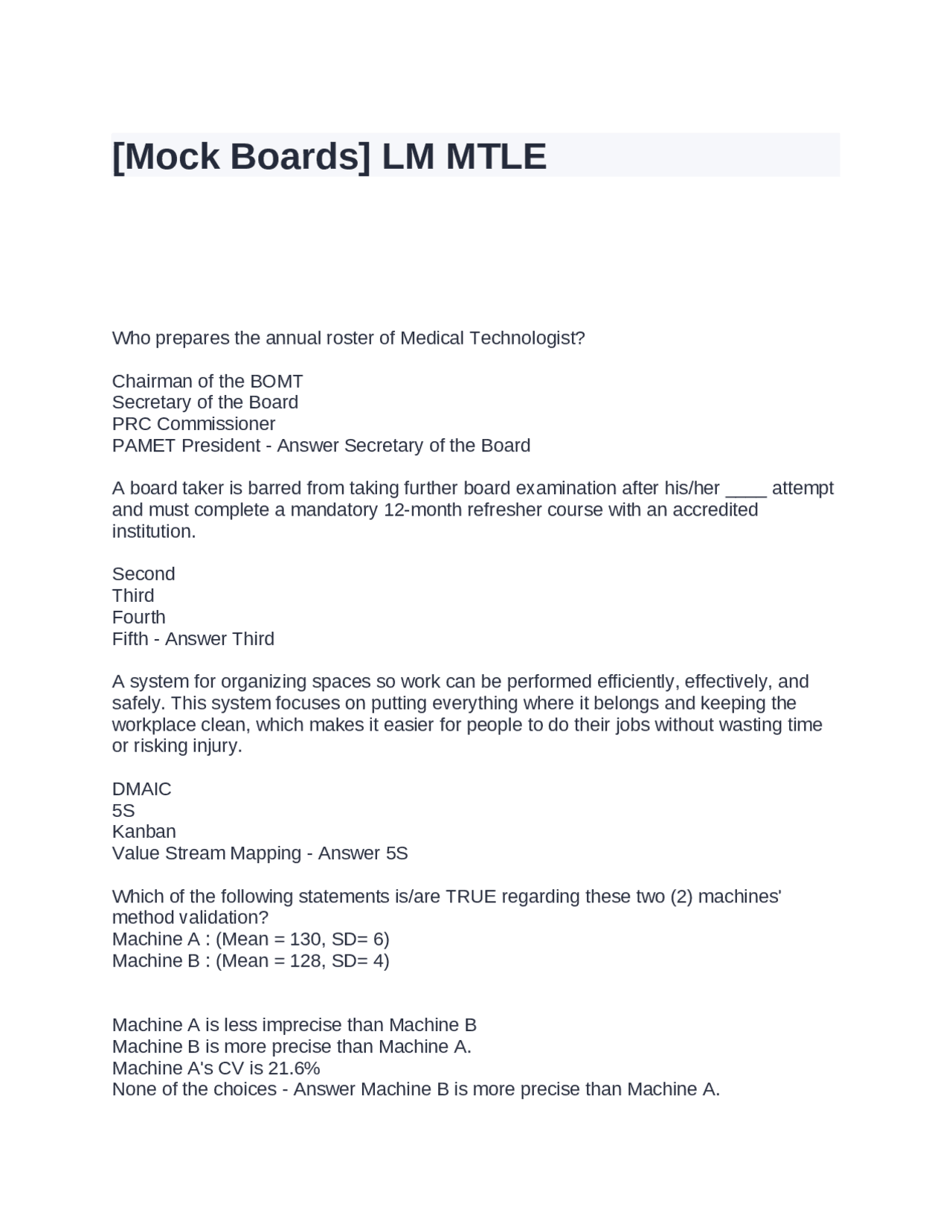 [Mock Boards] LM MTLE TEST QUESTIONS AND ANSWERS | Exams Nursing | Docsity