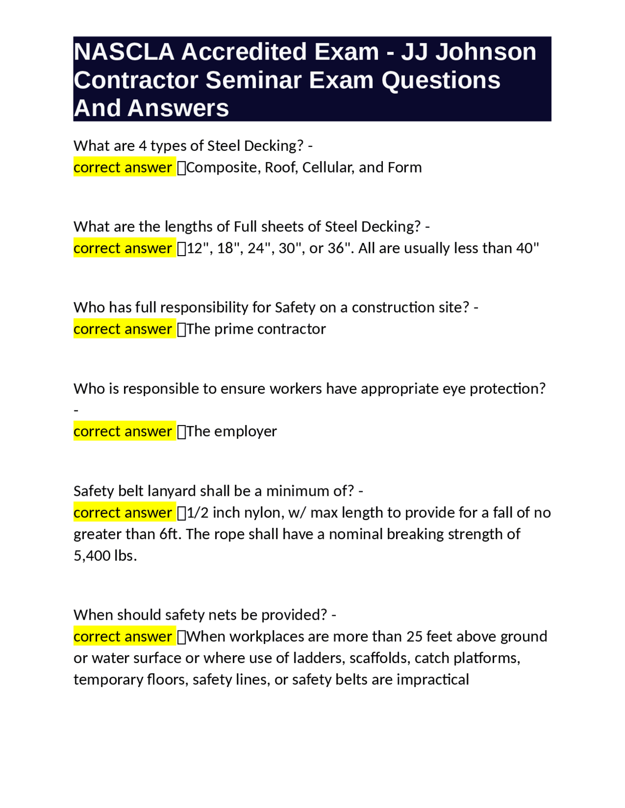 NASCLA Accredited Exam - JJ Johnson Contractor Seminar Exam Questions ...