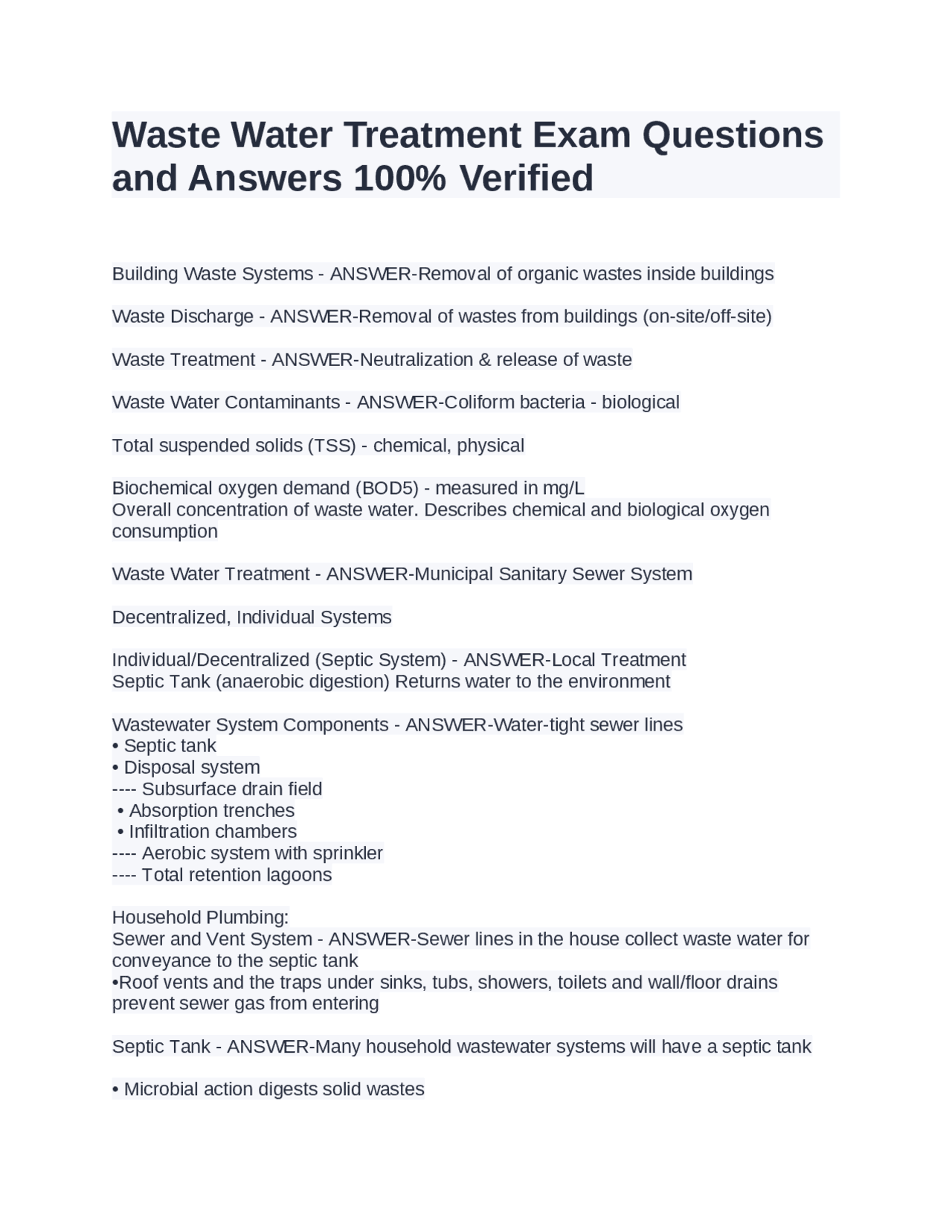 Waste Water Treatment Exam Questions and Answers 100% Verified | Exams ...