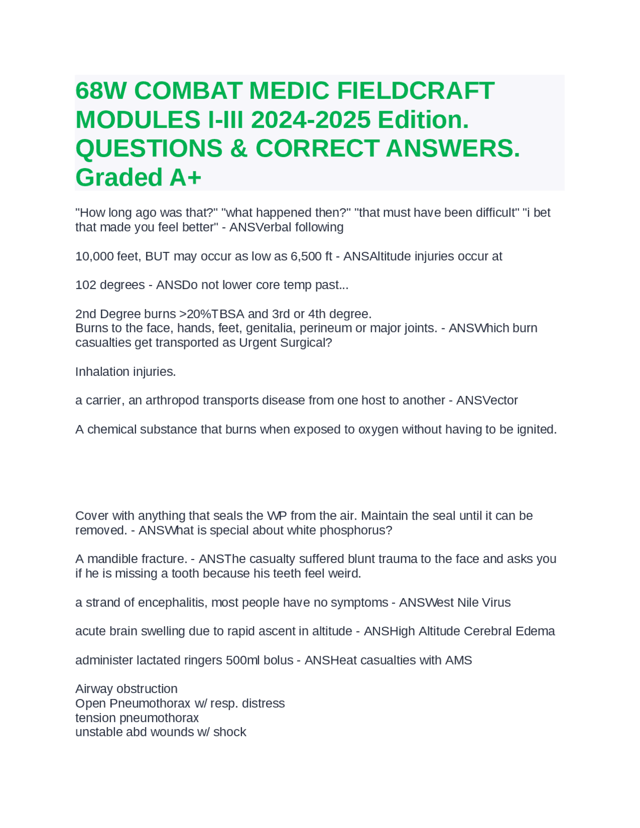 68W COMBAT MEDIC FIELDCRAFT MODULES I-III 2024-2025 Edition. QUESTIONS ...