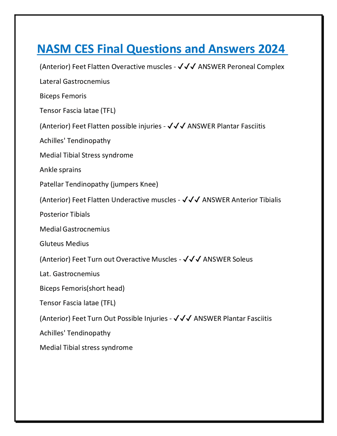 NASM CES Final Questions and Answers 2024 | Exams Nursing | Docsity