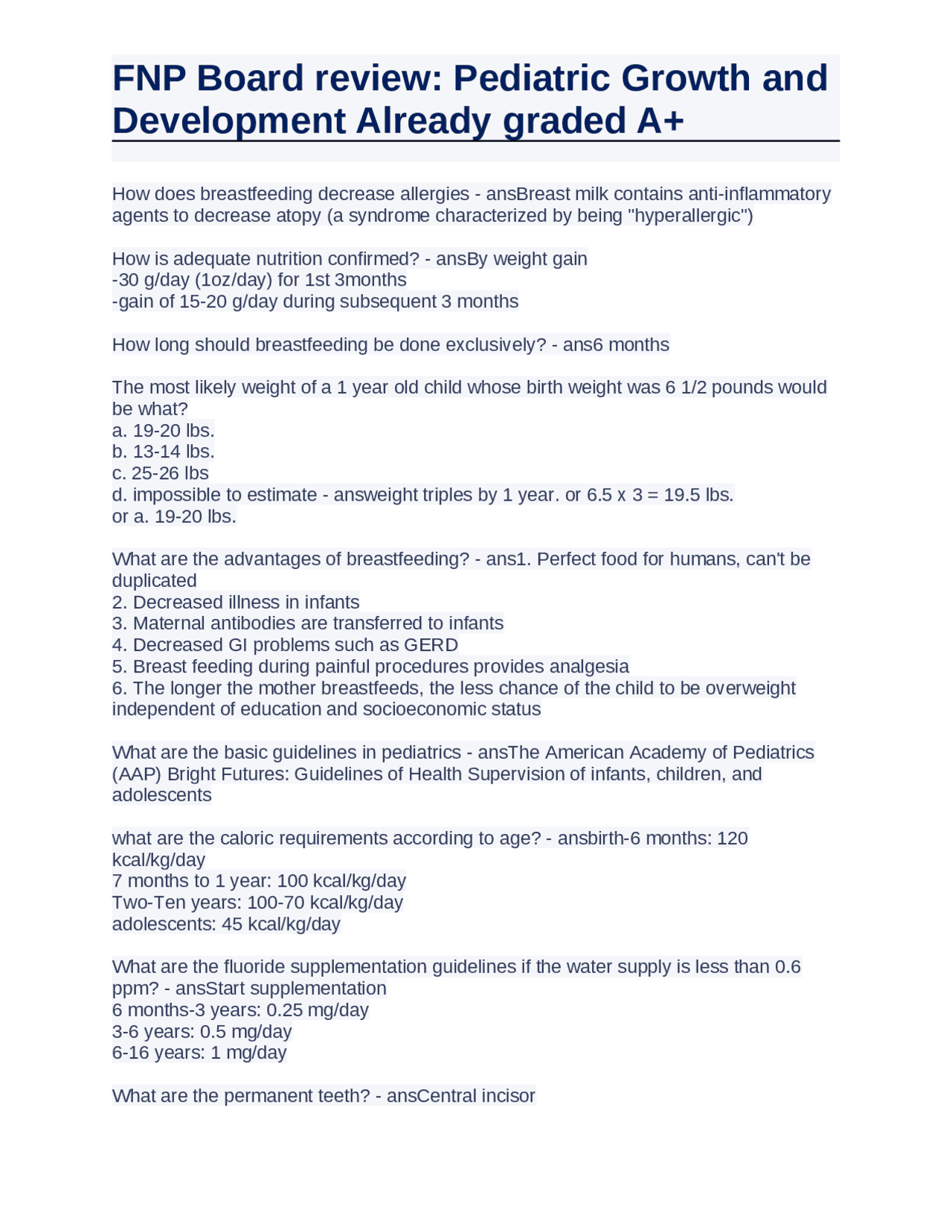 FNP Board review: Pediatric Growth and Development Already graded A+ ...