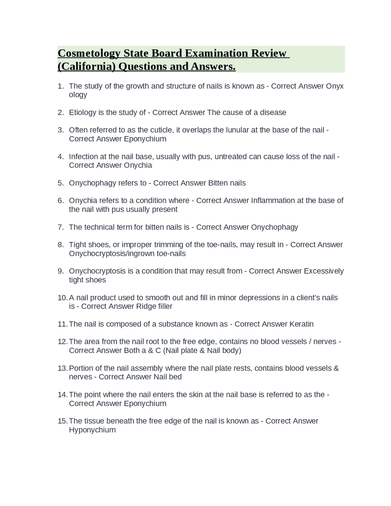 Cosmetology State Board Examination Review (California) Questions and ...