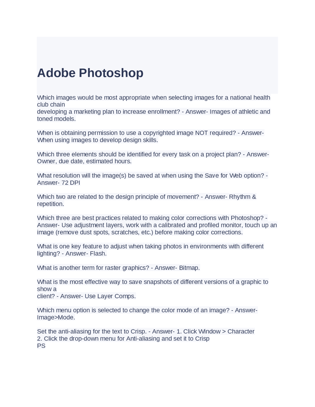 Adobe Photoshop Exam Questions and Answers | Exams Photoshop | Docsity