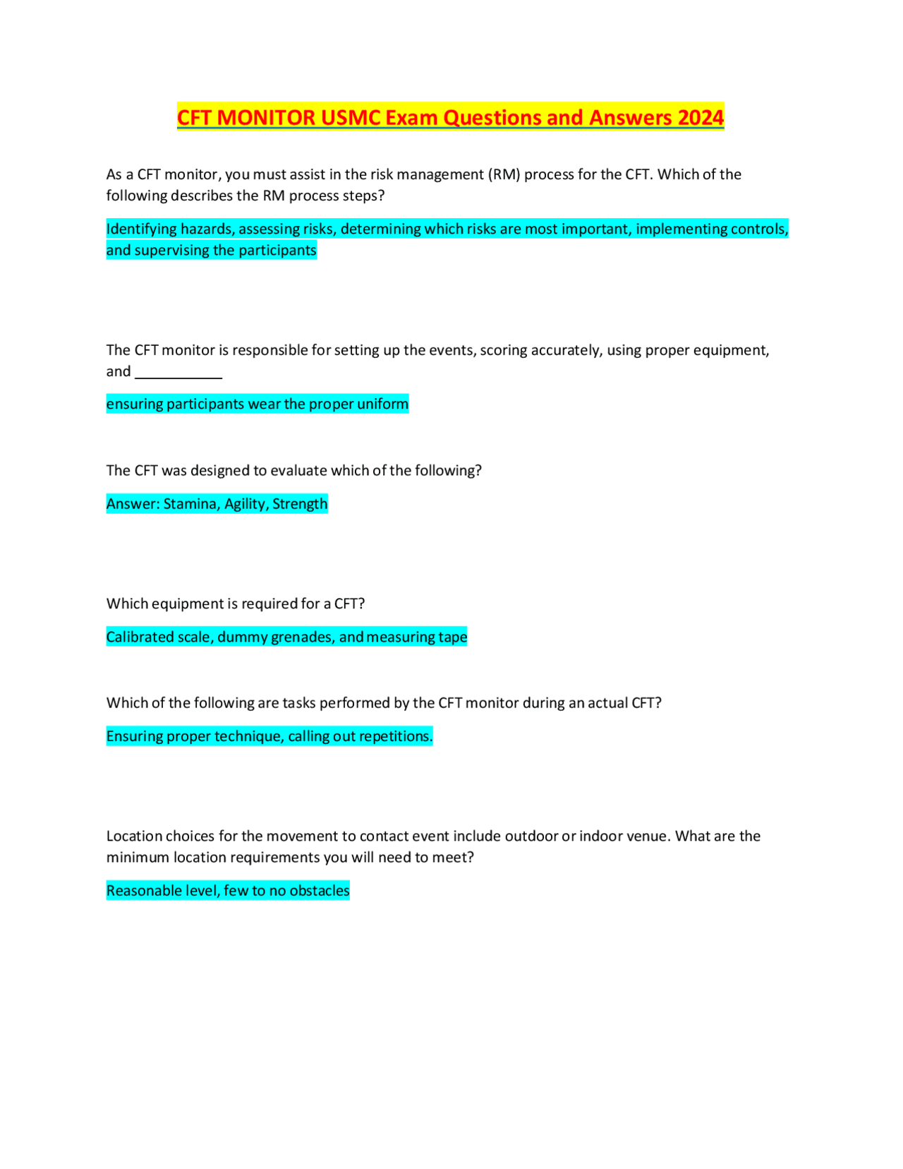 CFT MONITOR USMC Exam Questions and Answers 2024 | Exams Nursing | Docsity