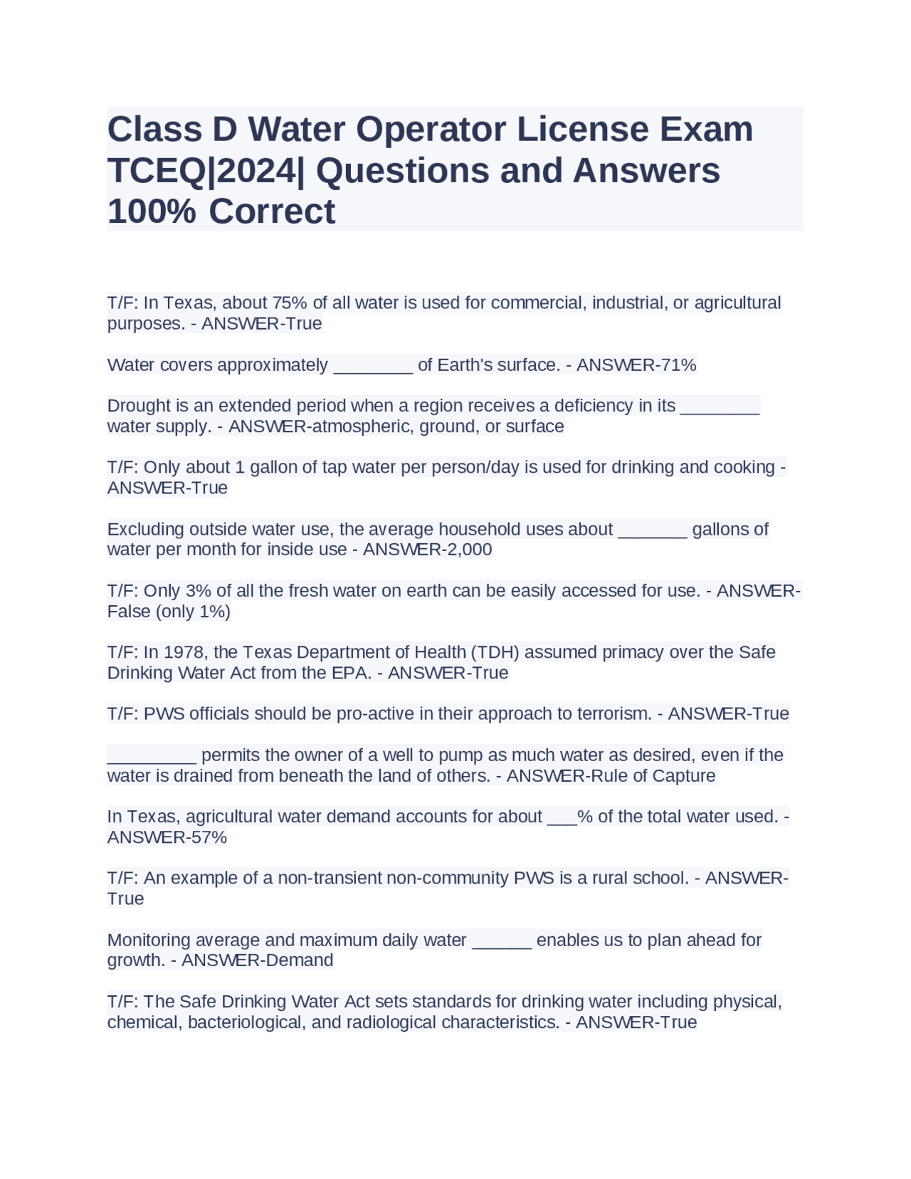 Class D Water Operator License Exam TCEQ|2024| Questions and Answers ...