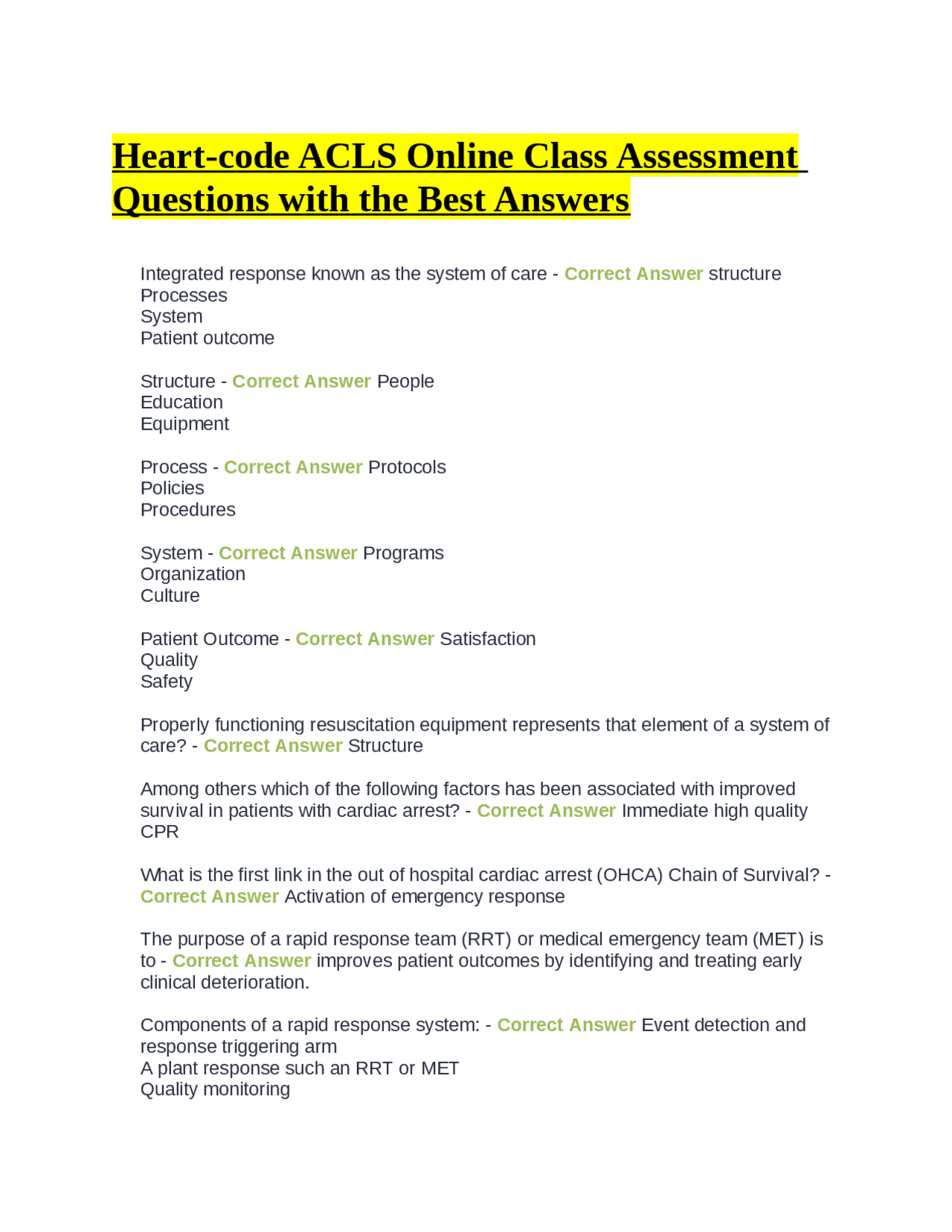 Heart-code ACLS Online Class Assessment Questions with the Best Answers ...
