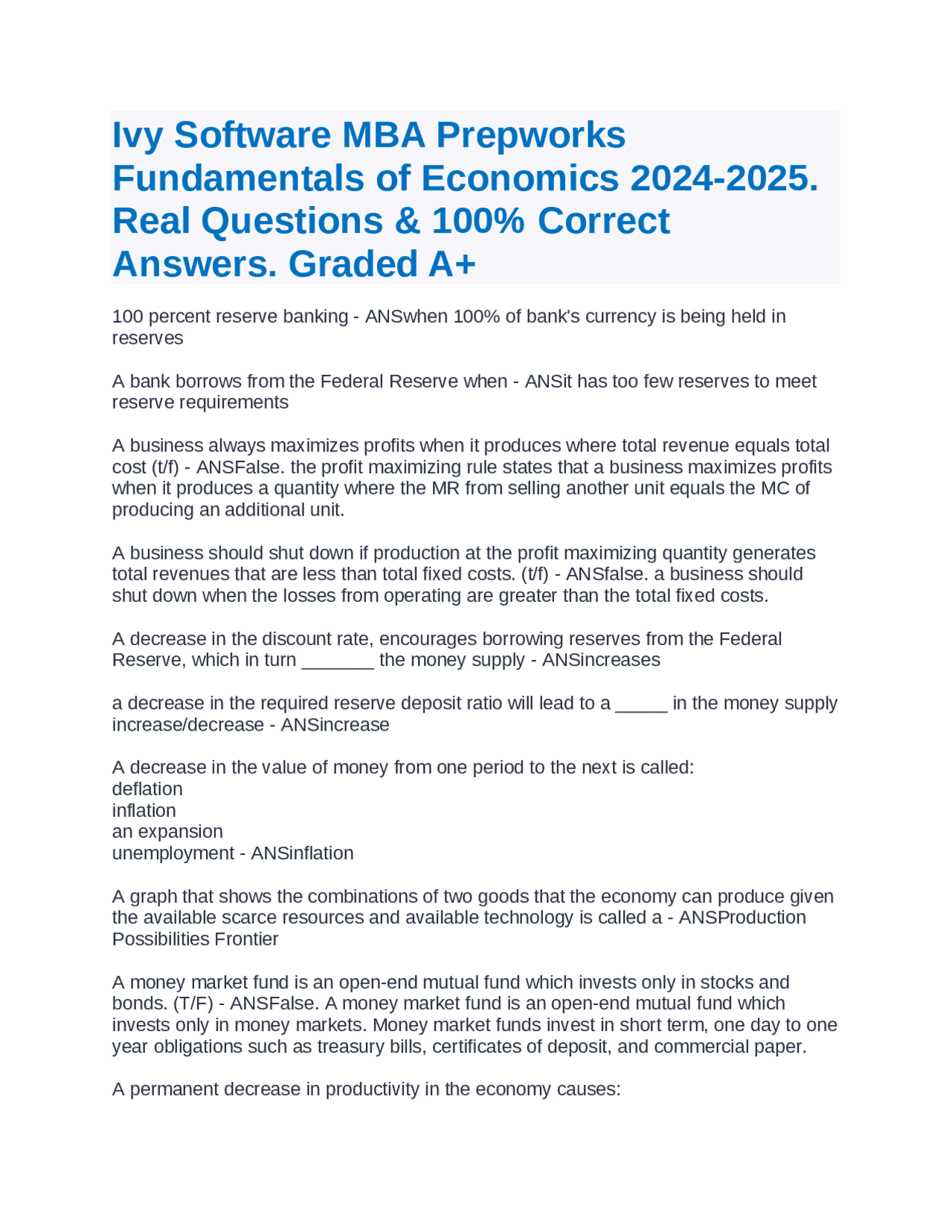 Ivy Software Mba Prepworks Fundamentals Of Economics 2024 Questions And Answers Grade A Exams