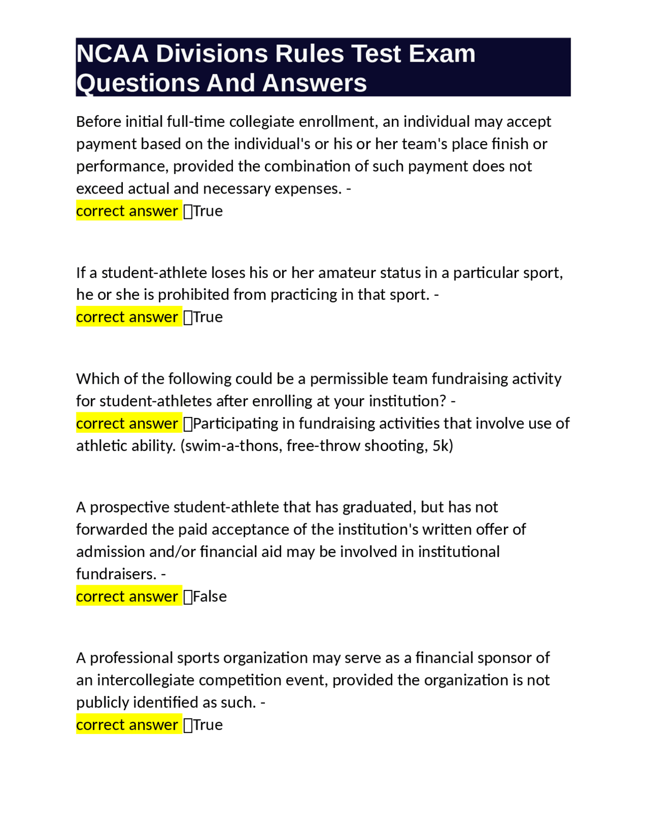 NCAA Divisions Rules Test Exam Questions And Answers | Exams Sport ...