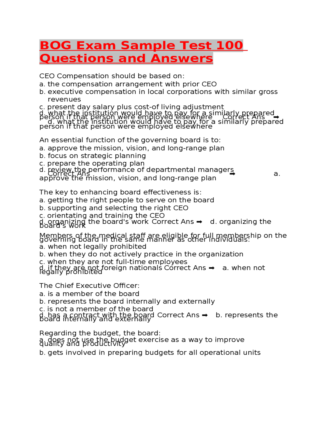 BOG Exam Sample Test 100 Questions and Answers | Exams Nursing | Docsity