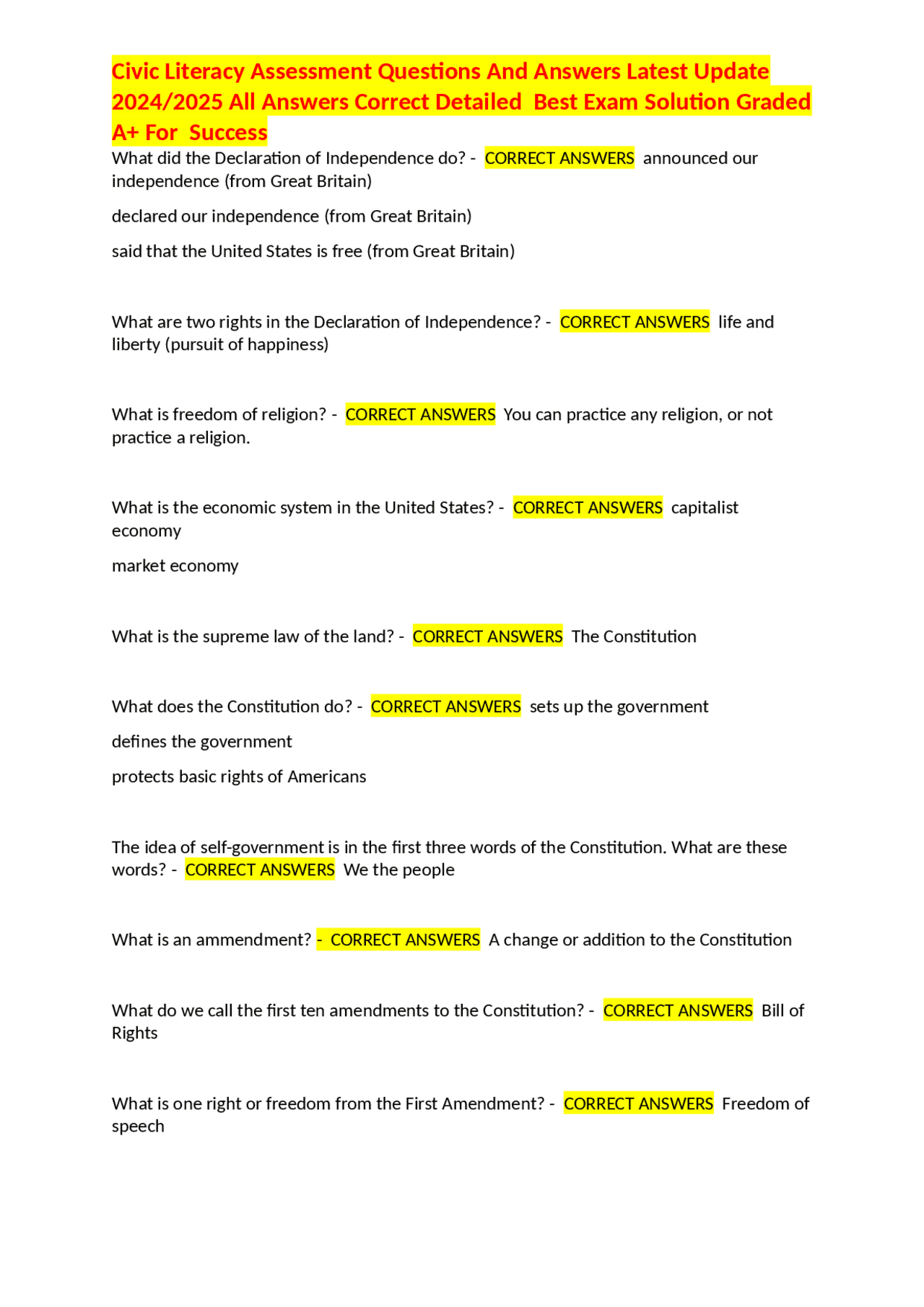 Civic Literacy Assessment Questions And Answers Latest Update 2024/2025 ...