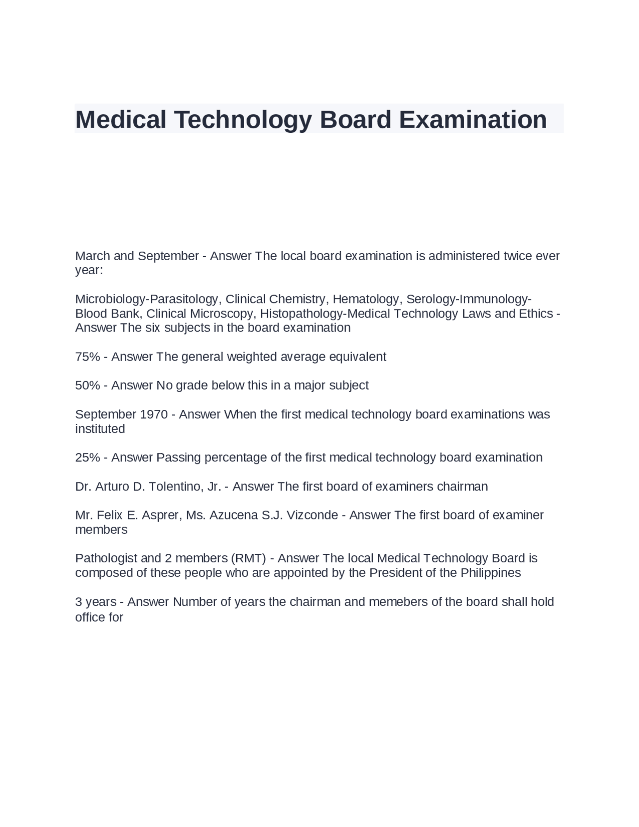 Medical Technology Board Examination Questions and Answers | Exams ...