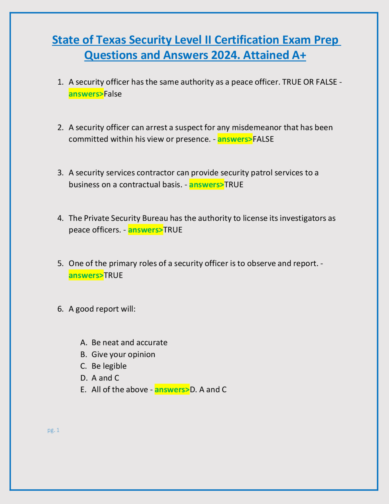 State of Texas Security Level II Certification Exam Prep Questions and ...