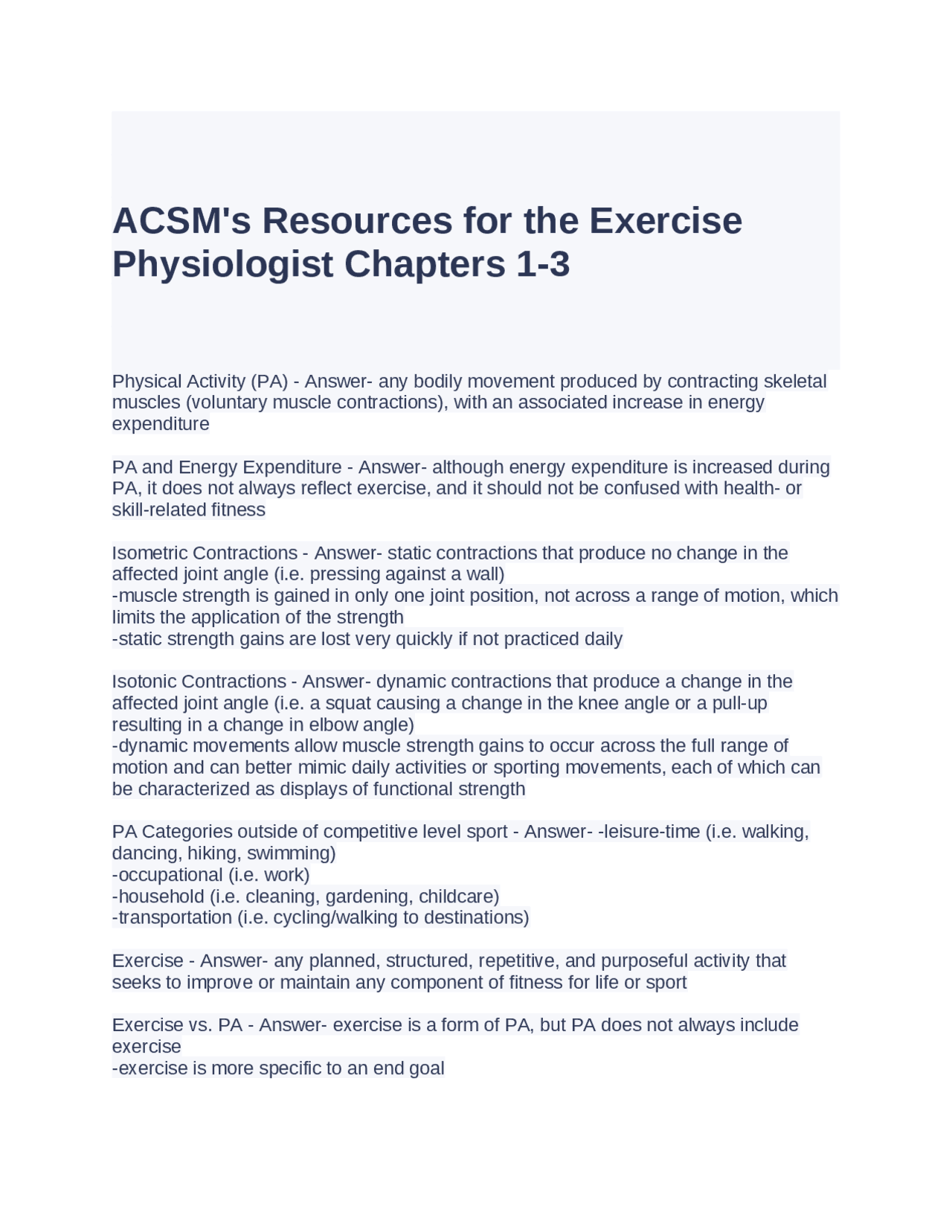 ACSM's Resources for the Exercise Physiologist Chapters 1-3 Exam Questions and Answers | Exams ...