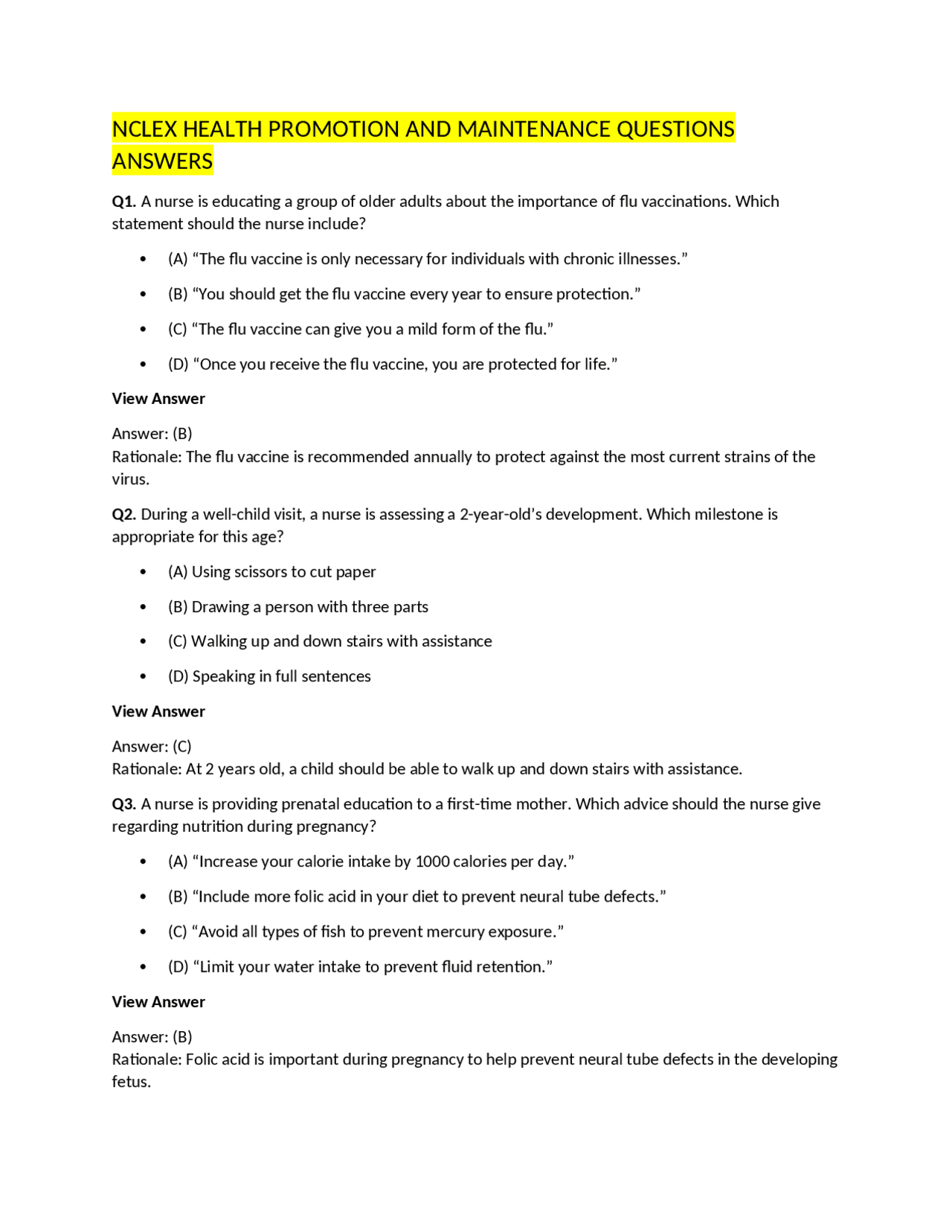 NCLEX HEALTH PROMOTION AND MAINTENANCE QUESTIONS ANSWERS | Exams ...