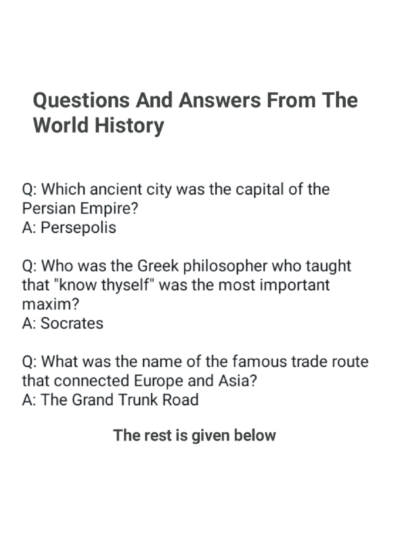 Questions And Answers From The World History | Exercises History | Docsity