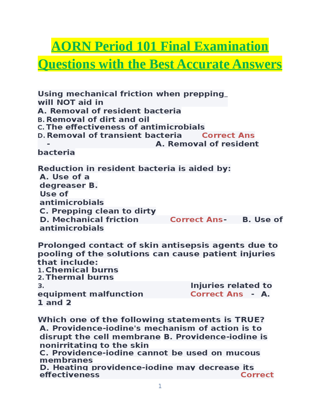 AORN Period 101 Final Examination Questions with the Best Accurate ...