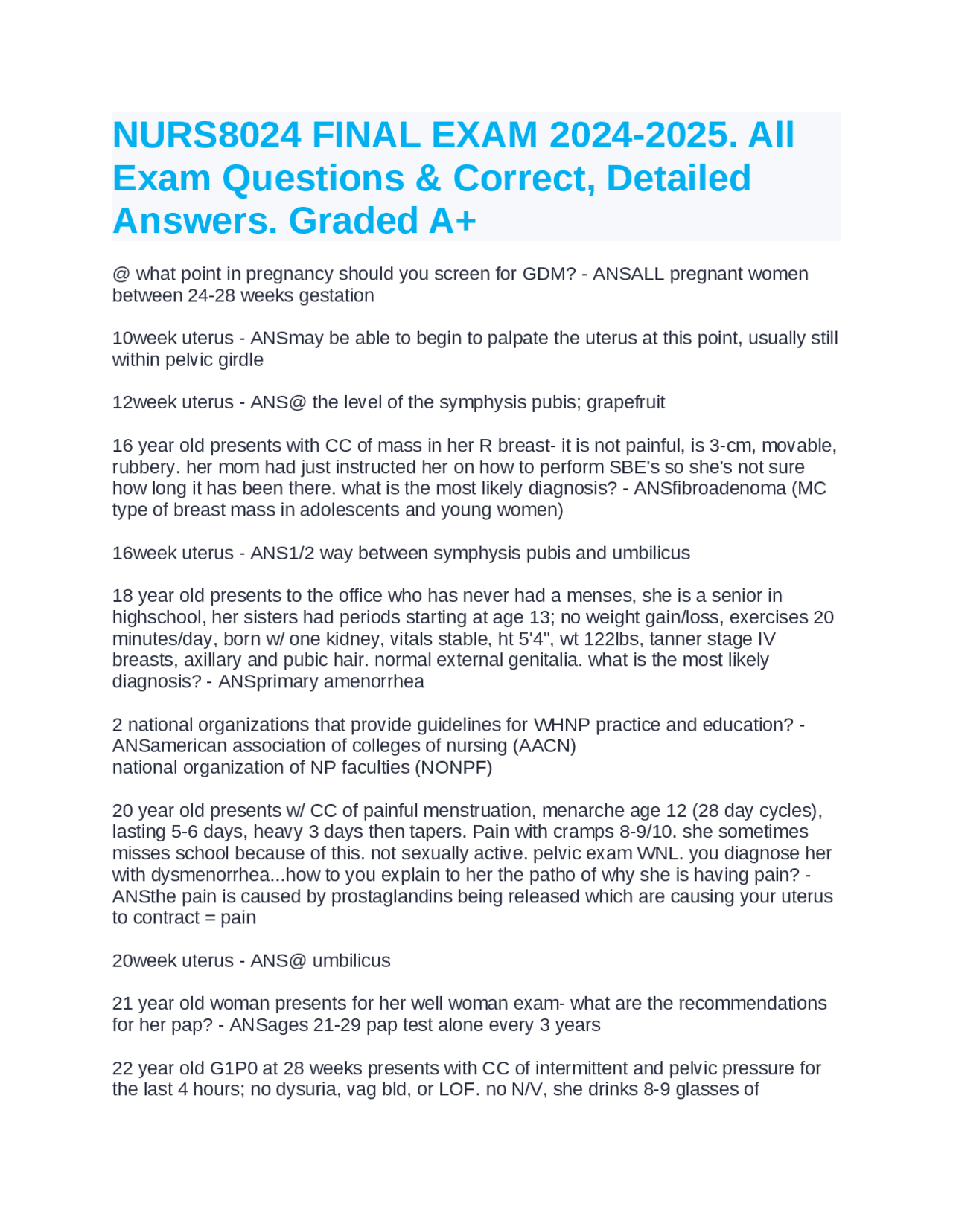 NURS8024 FINAL EXAM 2024-2025. All Exam Questions & Correct, Detailed ...