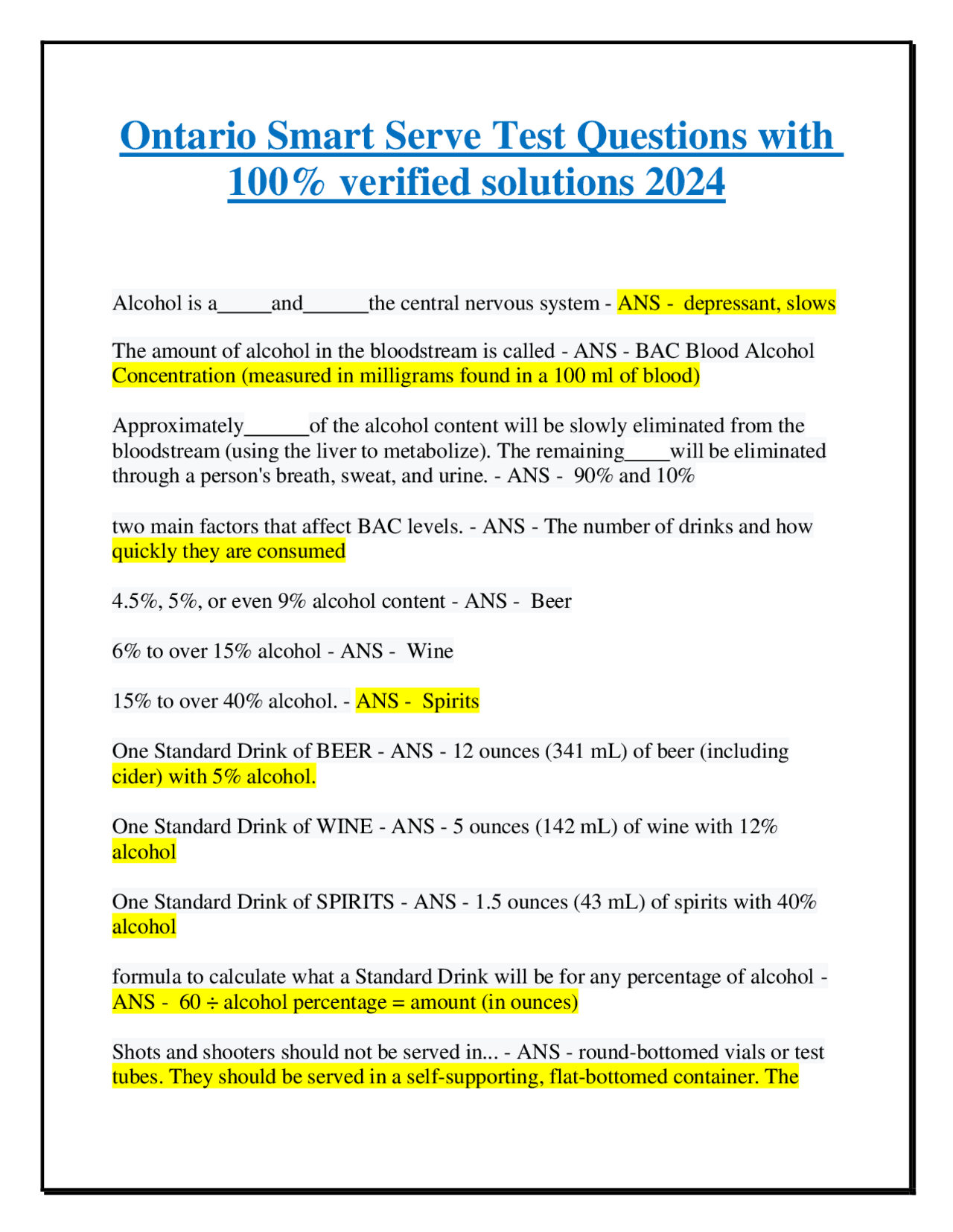 Ontario Smart Serve Test Questions with 100% verified solutions 2024 ...