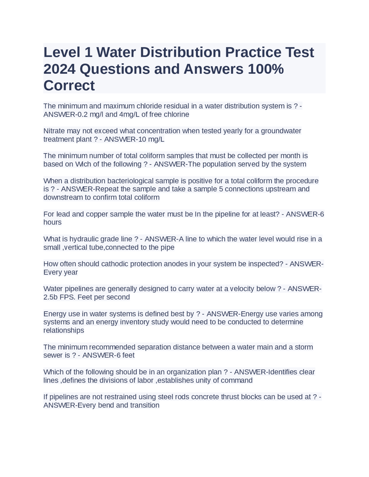 Level 1 Water Distribution Practice Test 2024 Questions and Answers 100 ...