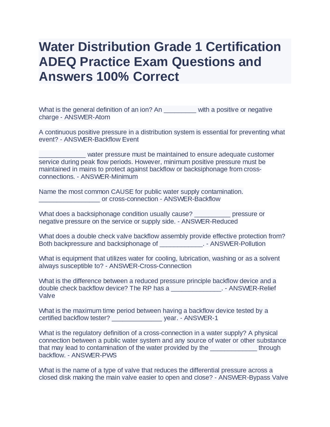 Water Distribution Grade 1 Certification ADEQ Practice Exam Questions ...