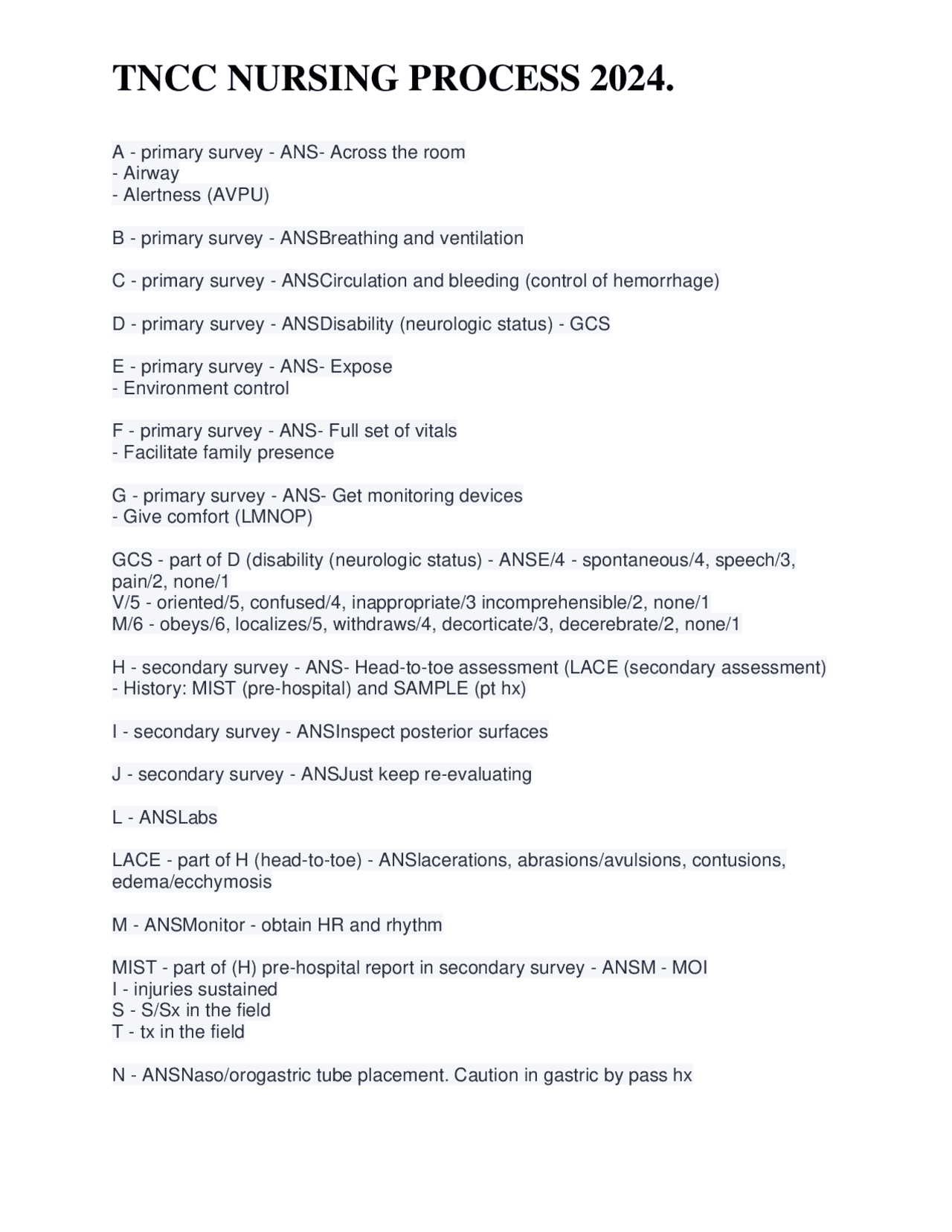 TNCC NURSING PROCESS 2024..pdf | Exams Nursing | Docsity