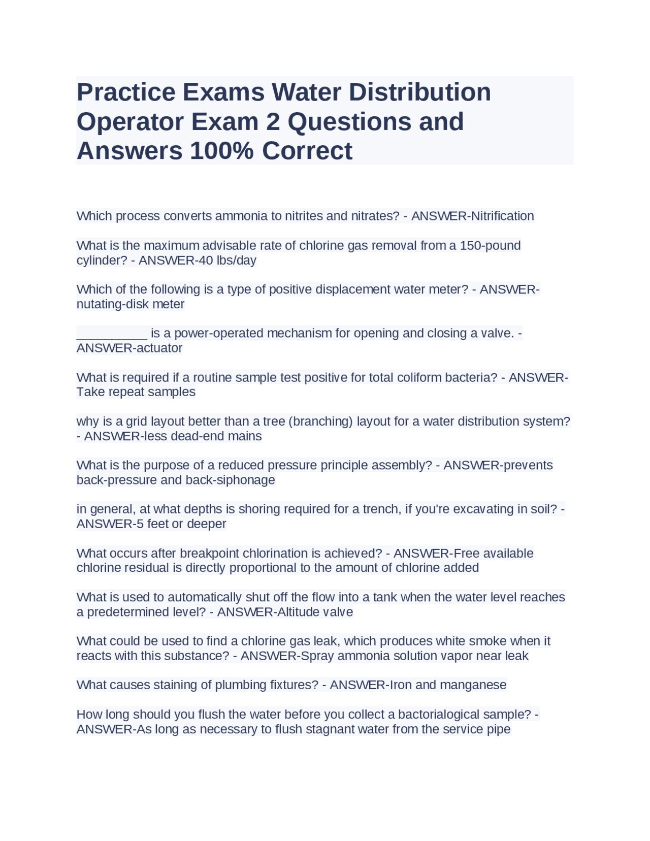 Practice Exams Water Distribution Operator Exam 2 Questions and Answers ...