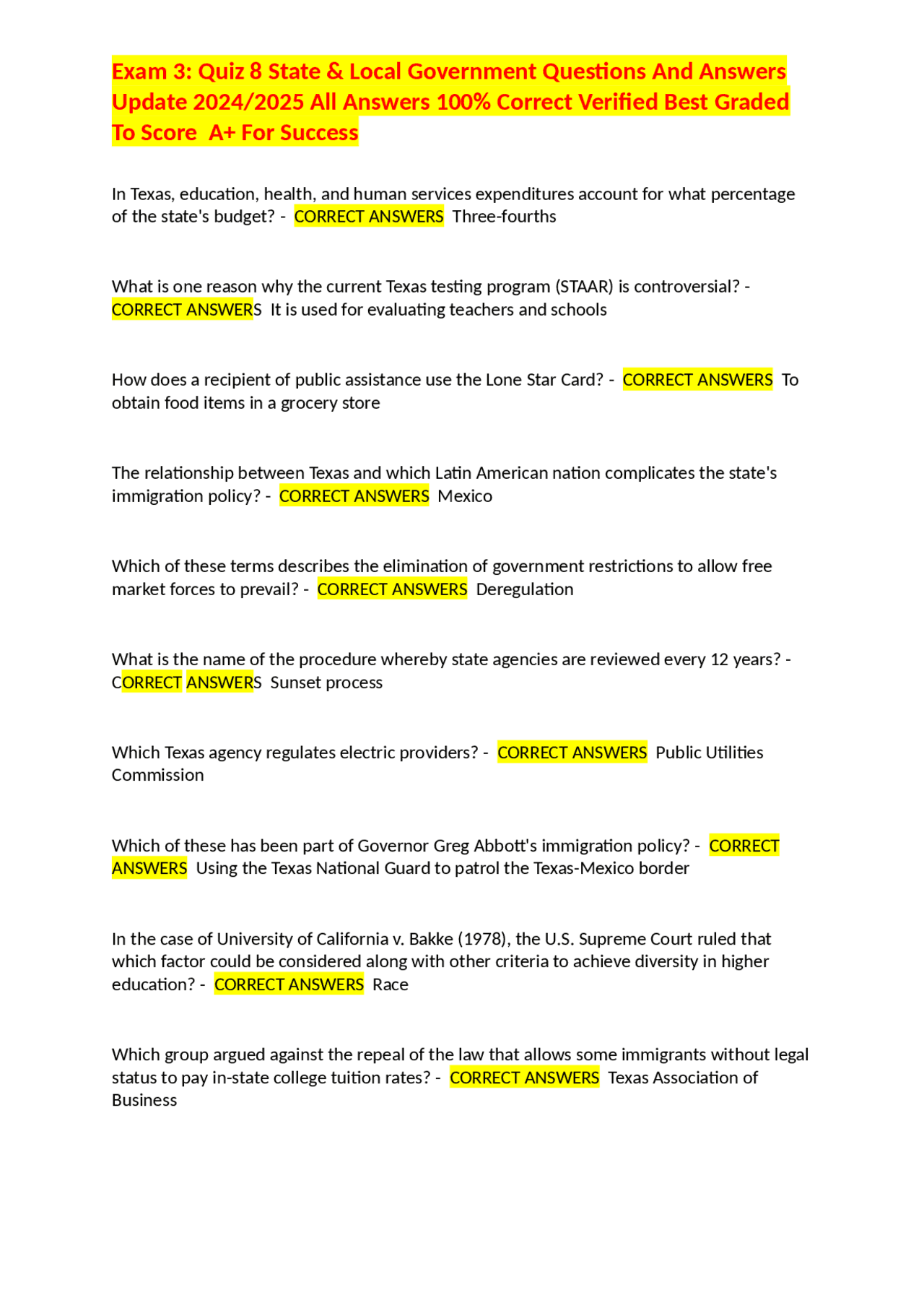 Exam 3: Quiz 8 State & Local Government Questions And Answers Update ...