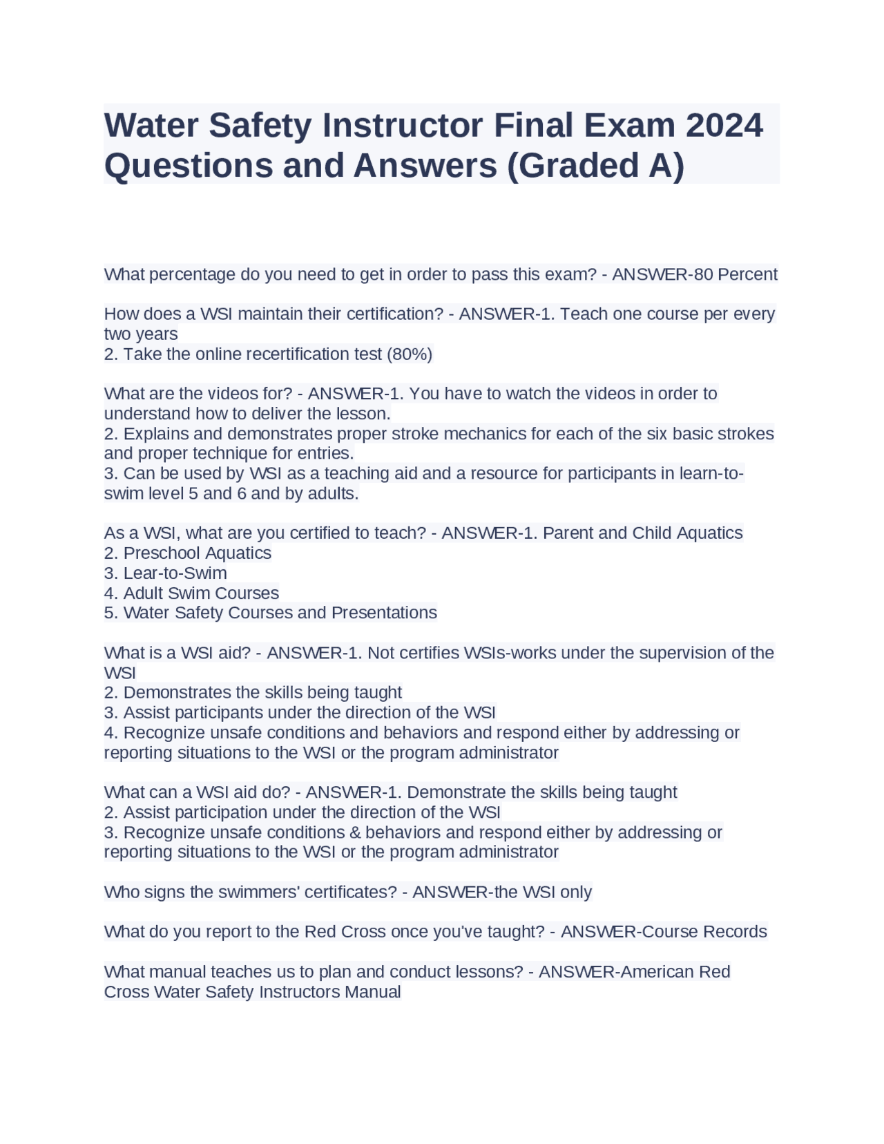 Water Safety Instructor Final Exam 2024 Questions and Answers (Graded A ...